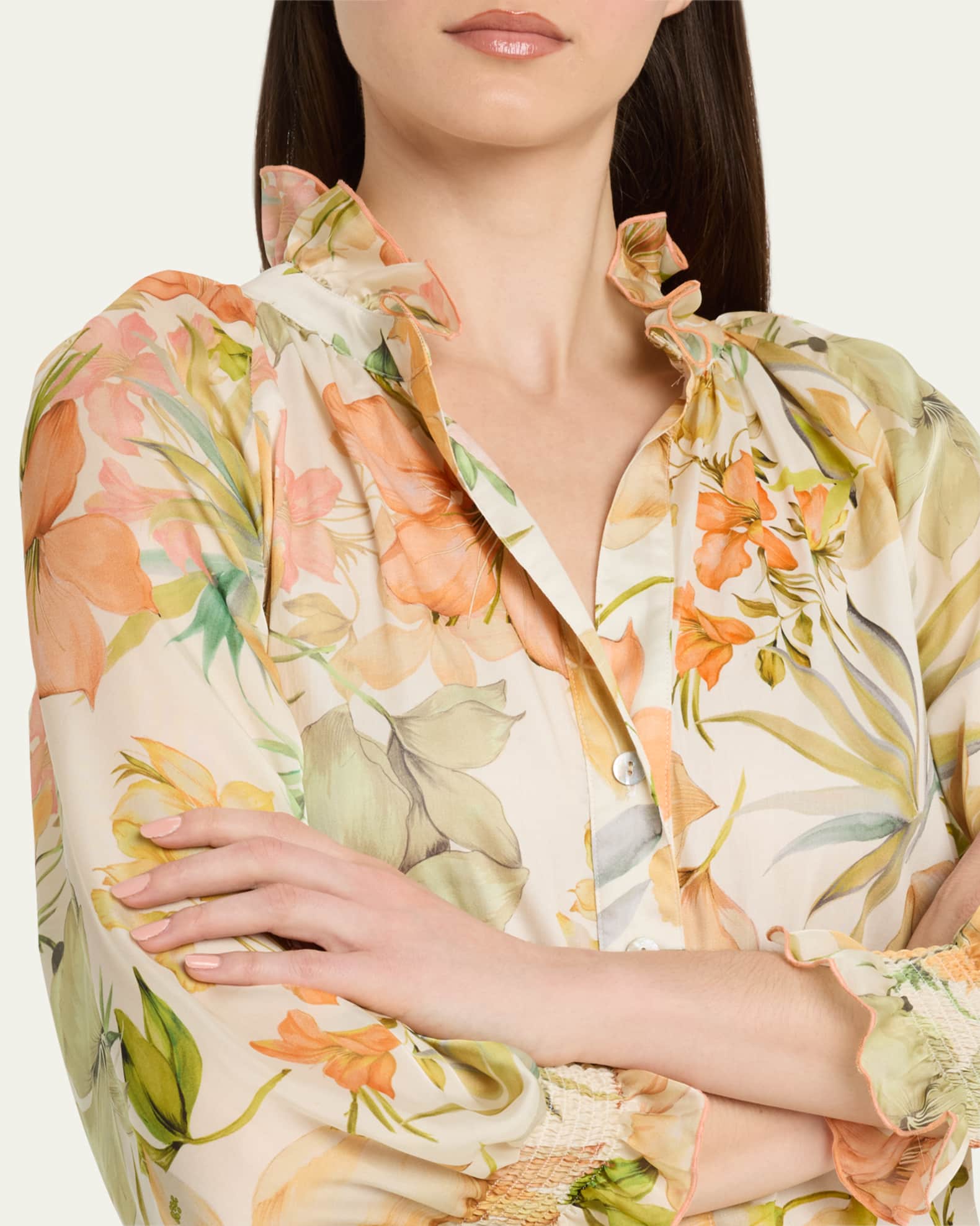 Finley Fiona Floral-Print Ruffle Blouse | Neiman Marcus