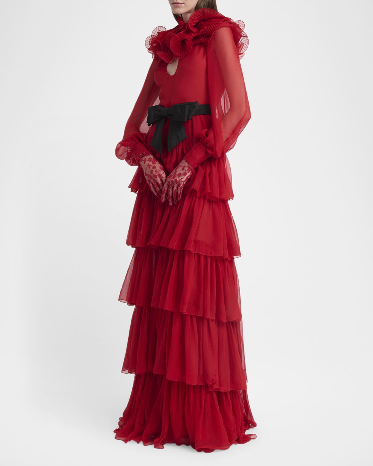 Valentino Garavani Ruffled Long Keyhole Chiffon Gown With Bow Detail ...