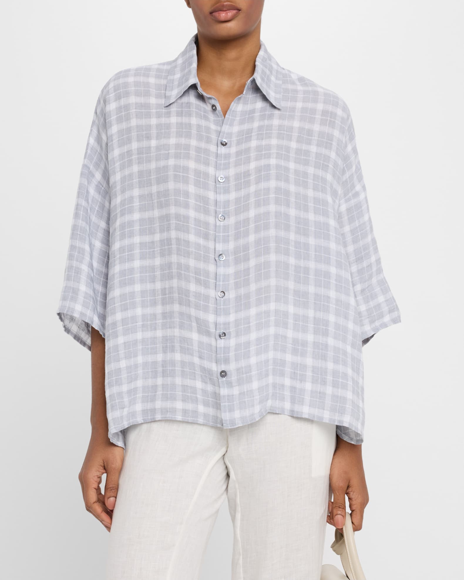 Eskandar Sloped Shoulder Wide A-Line Short Sleeve Shirt With Collar ...