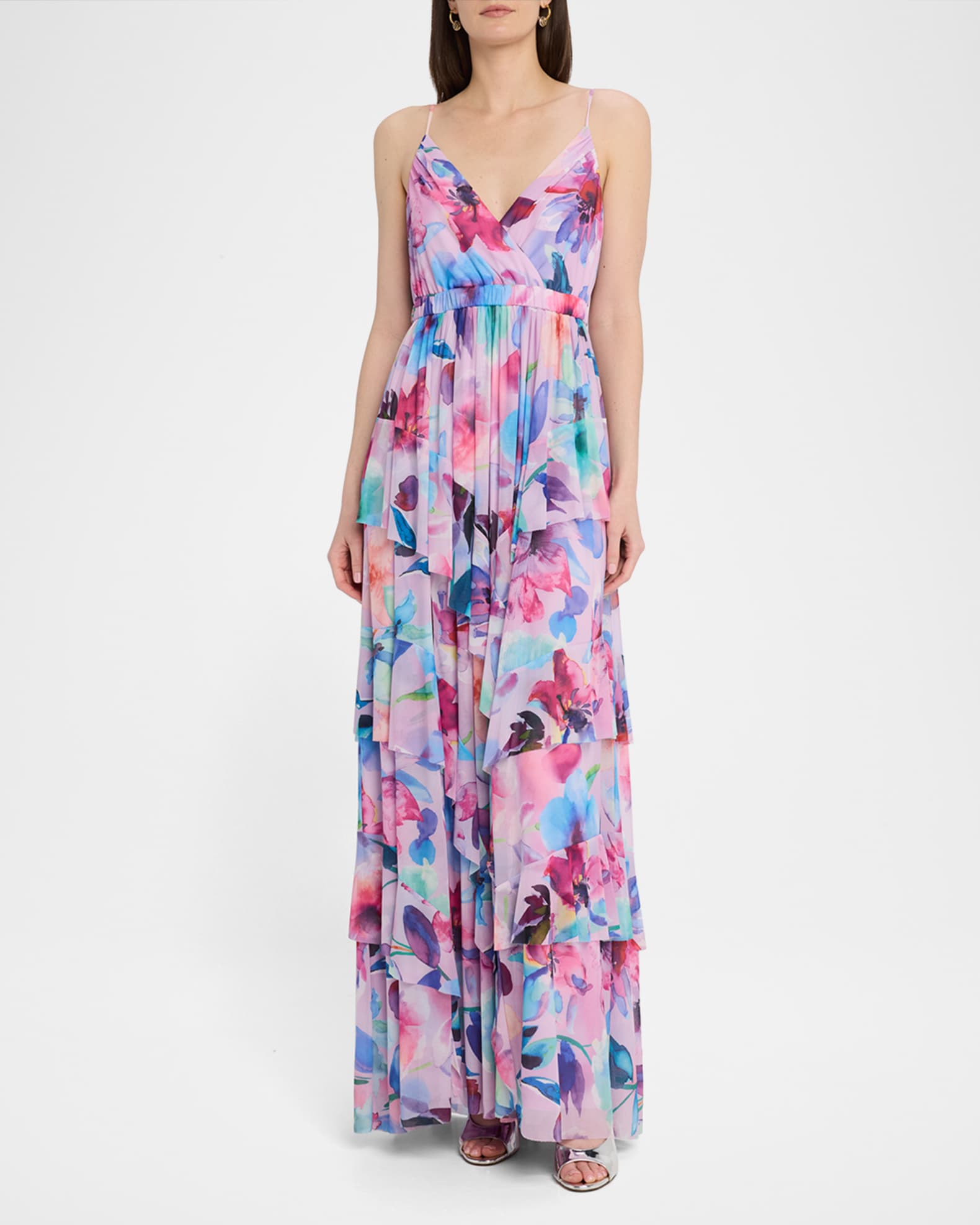 Liv Foster Zoey Tiered Watercolor-Print Mesh Maxi Dress | Neiman Marcus