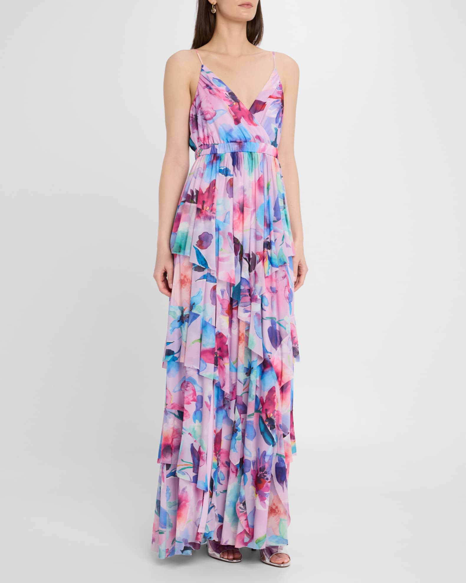 Liv Foster Zoey Tiered Watercolor-Print Mesh Maxi Dress | Neiman Marcus