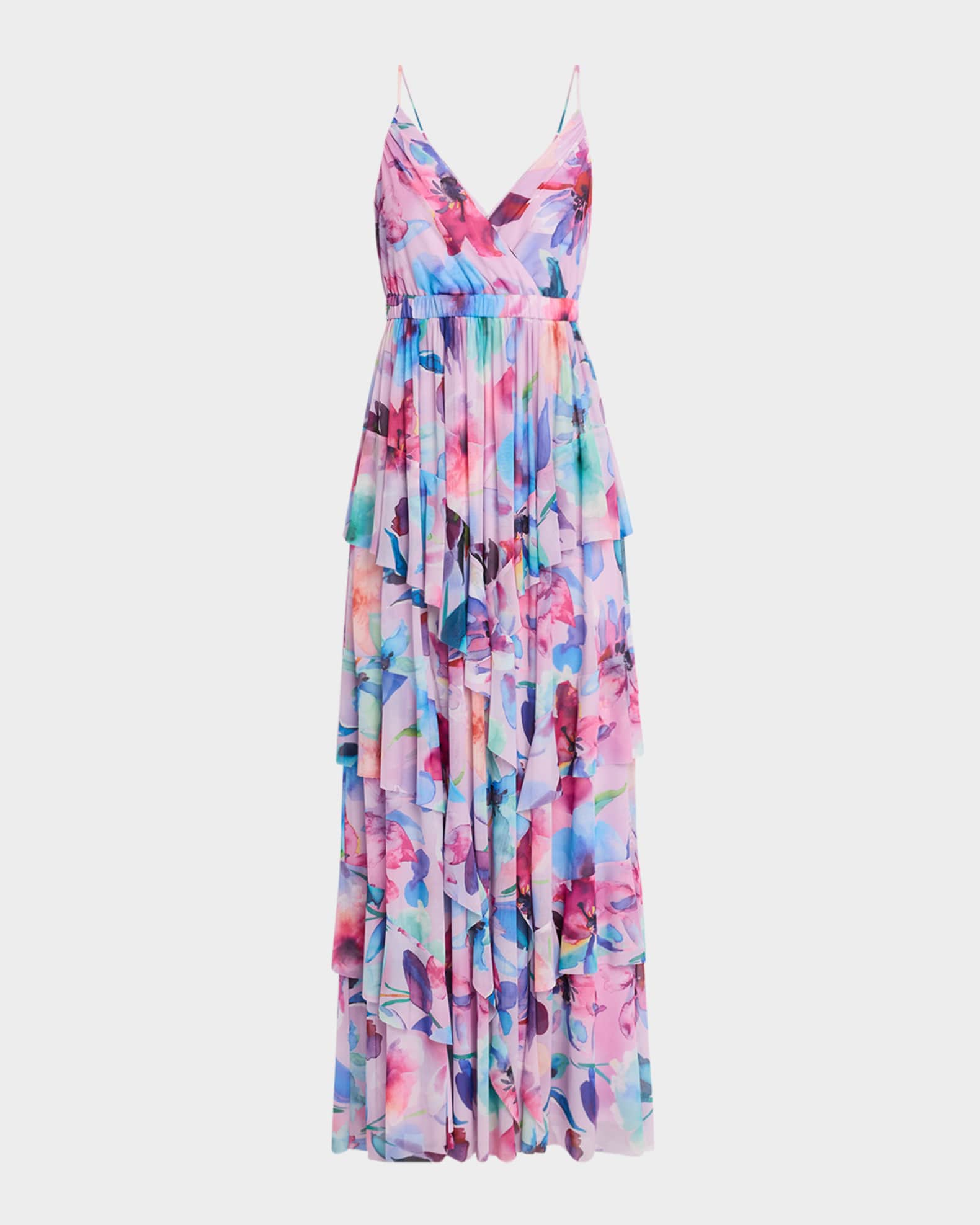 Liv Foster Zoey Tiered Watercolor-Print Mesh Maxi Dress | Neiman Marcus