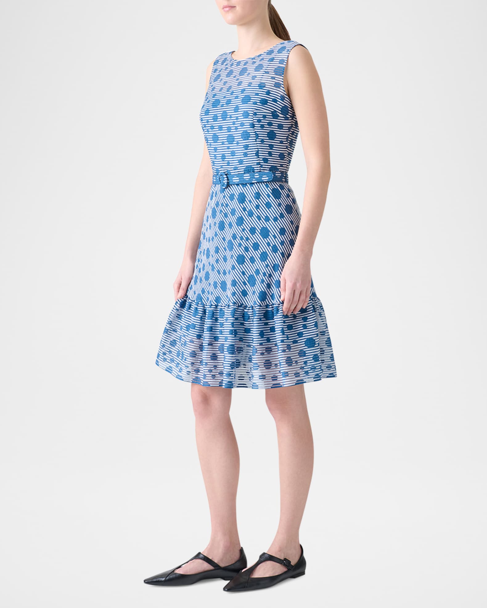 Akris punto Sleeveless Belted Dot-Seersucker Dress | Neiman Marcus