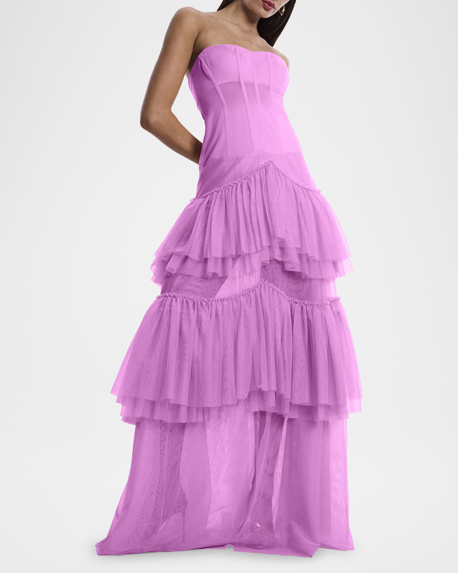 BCBGMAXAZRIA Strapless Ruffle Tiered Corset Gown | Neiman Marcus