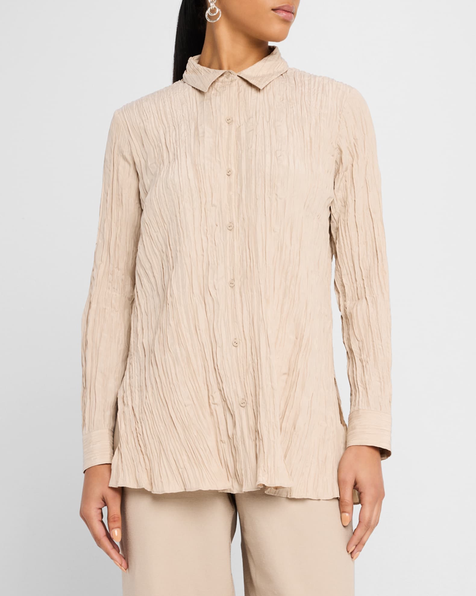 Eileen Fisher Crinkled Side-Slit Habotai Silk Shirt | Neiman Marcus