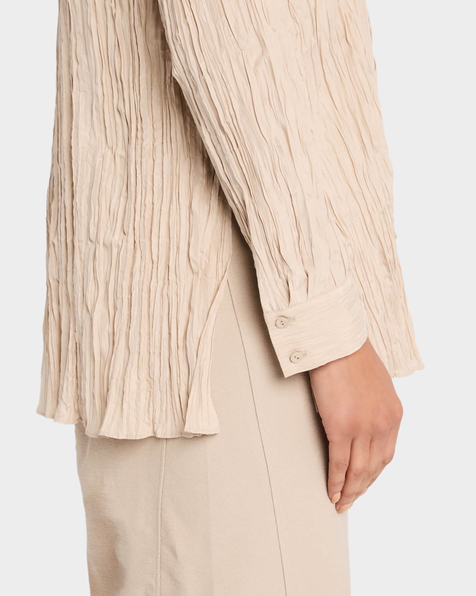 Eileen Fisher Crinkled Side-Slit Habotai Silk Shirt | Neiman Marcus