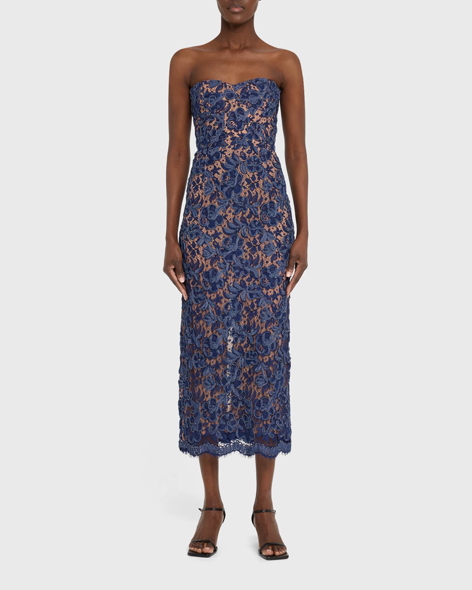 Michael Kors Collection Strapless Lace Sheath Midi Dress | Neiman Marcus