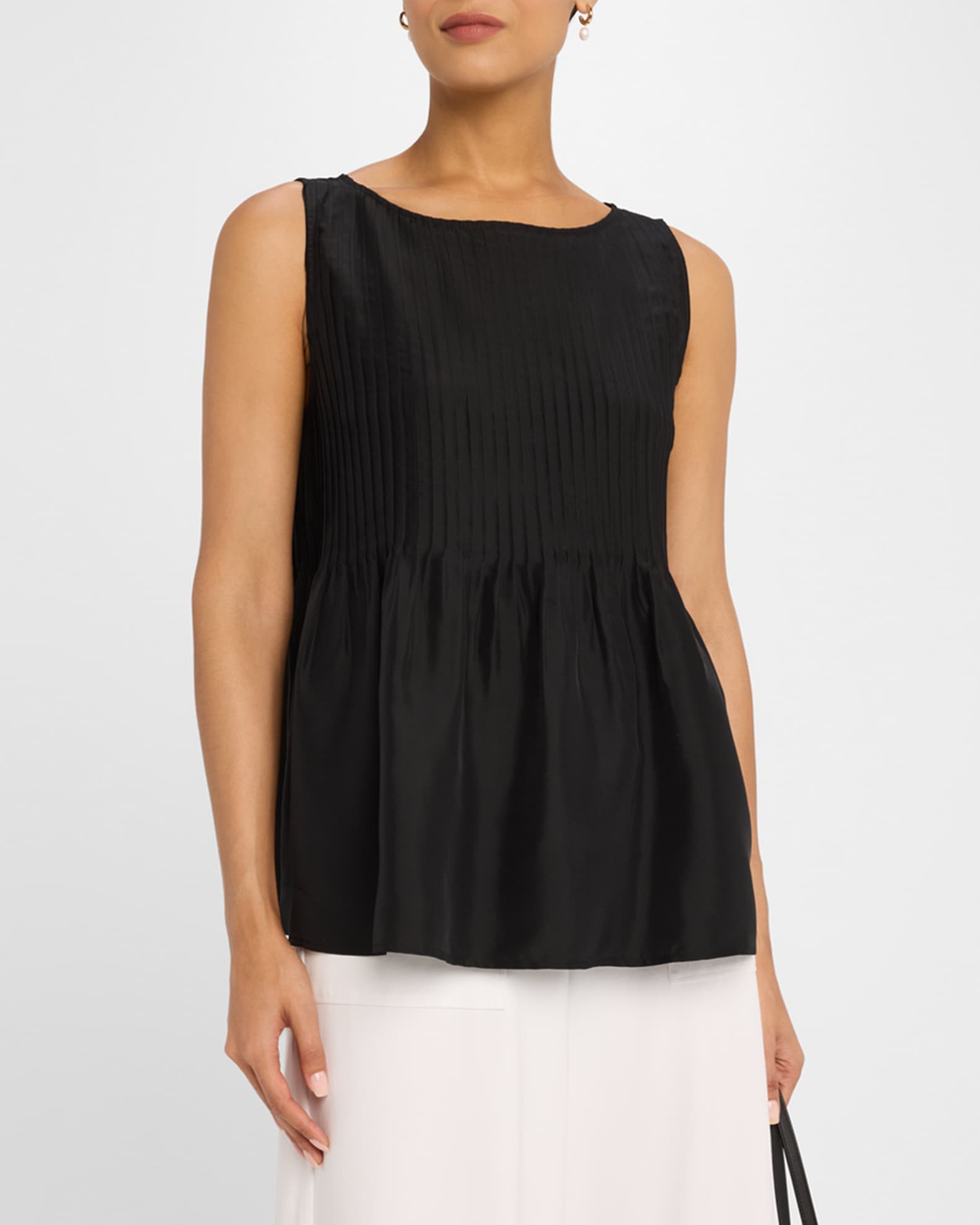 Eileen Fisher Scoop-Neck Pintuck Silk Shell | Neiman Marcus