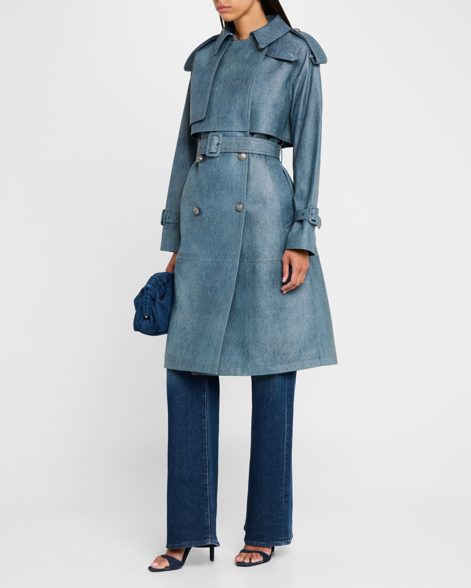 Kobi Halperin Tash Denim-Print Leather Trench Coat | Neiman Marcus
