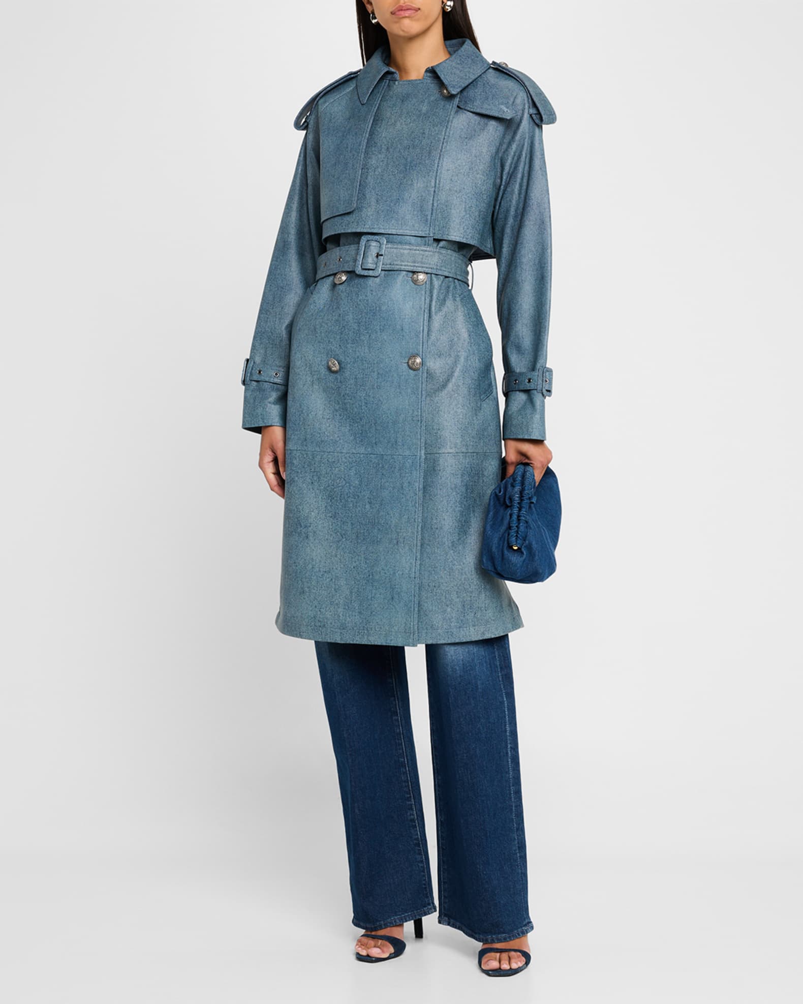 Kobi Halperin Tash Denim-Print Leather Trench Coat | Neiman Marcus