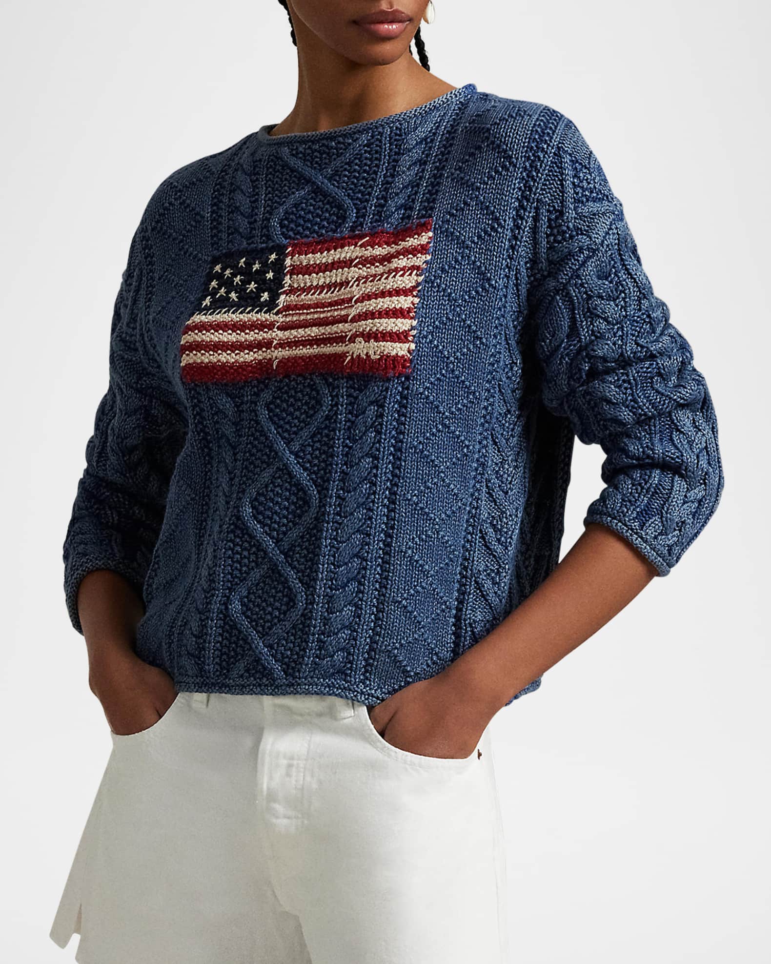 Polo Ralph Lauren Flag Aran-Knit Cotton Sweater | Neiman Marcus
