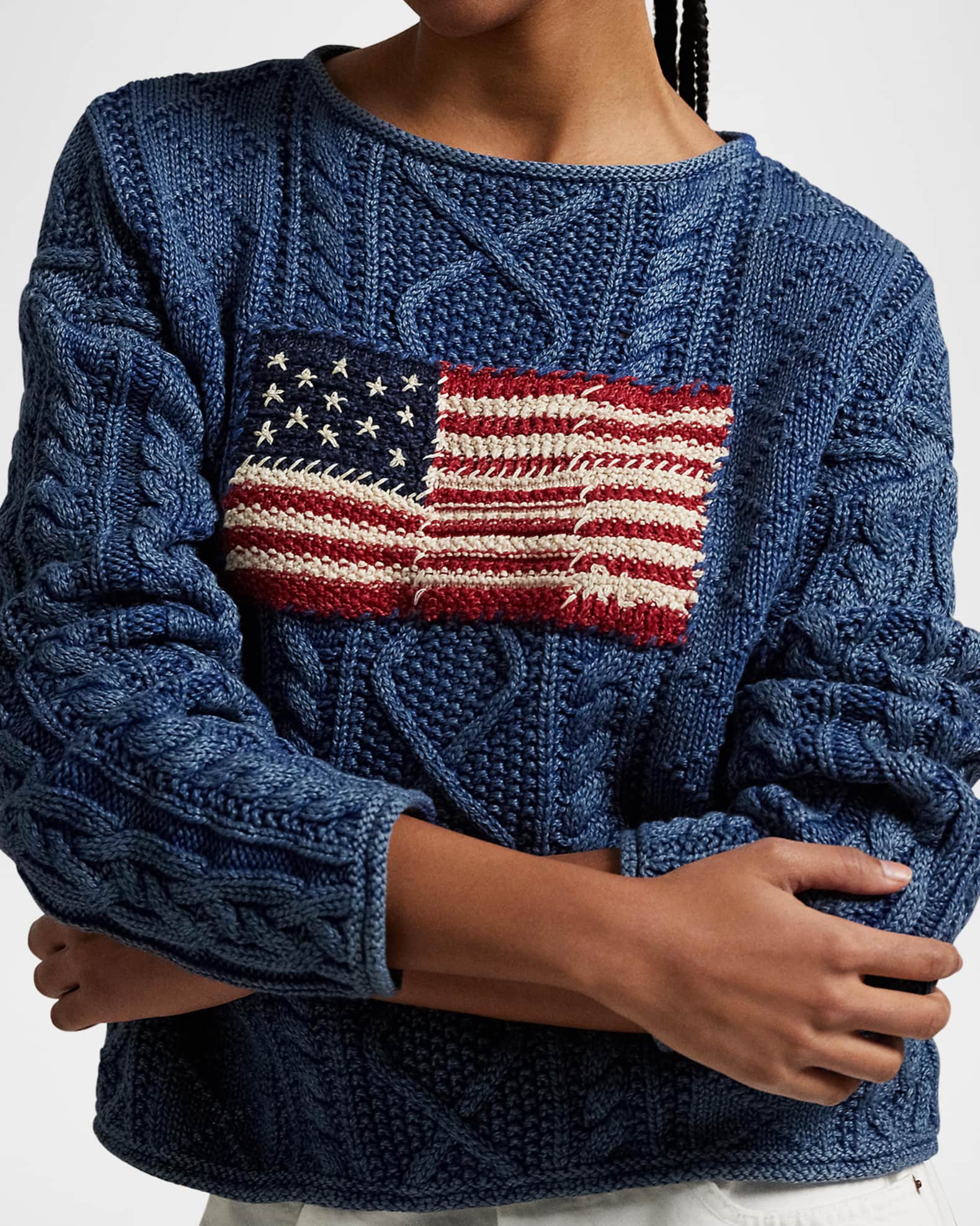 Polo Ralph Lauren Flag Aran-Knit Cotton Sweater | Neiman Marcus