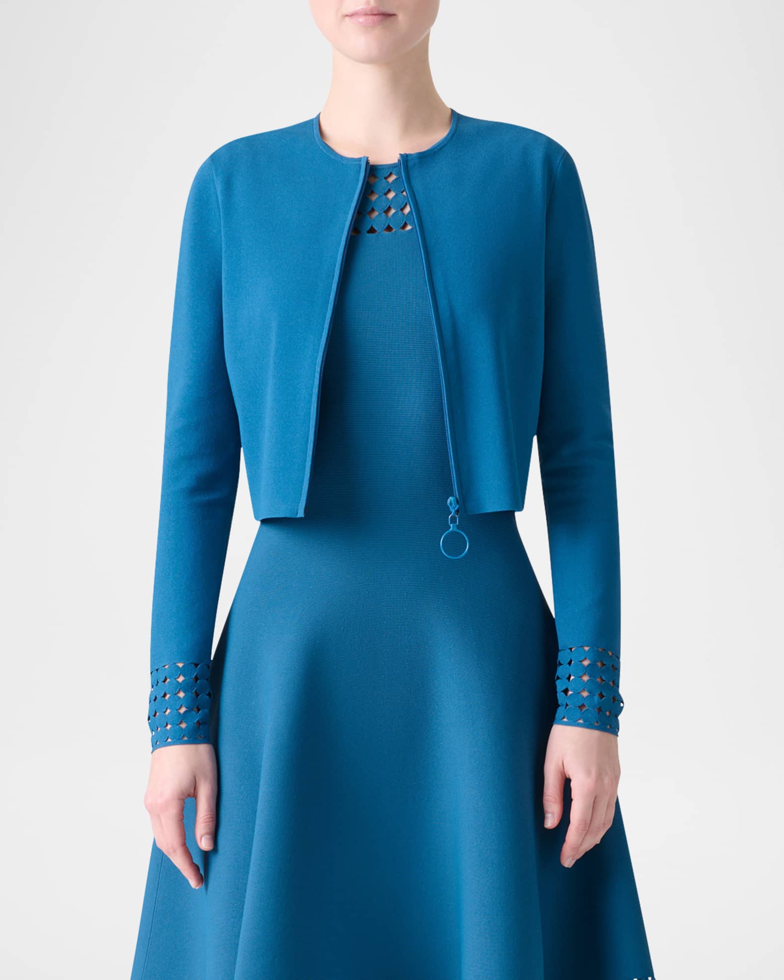 Akris punto Dot Lace-Cuff Knit Crop Zip Cardigan | Neiman Marcus