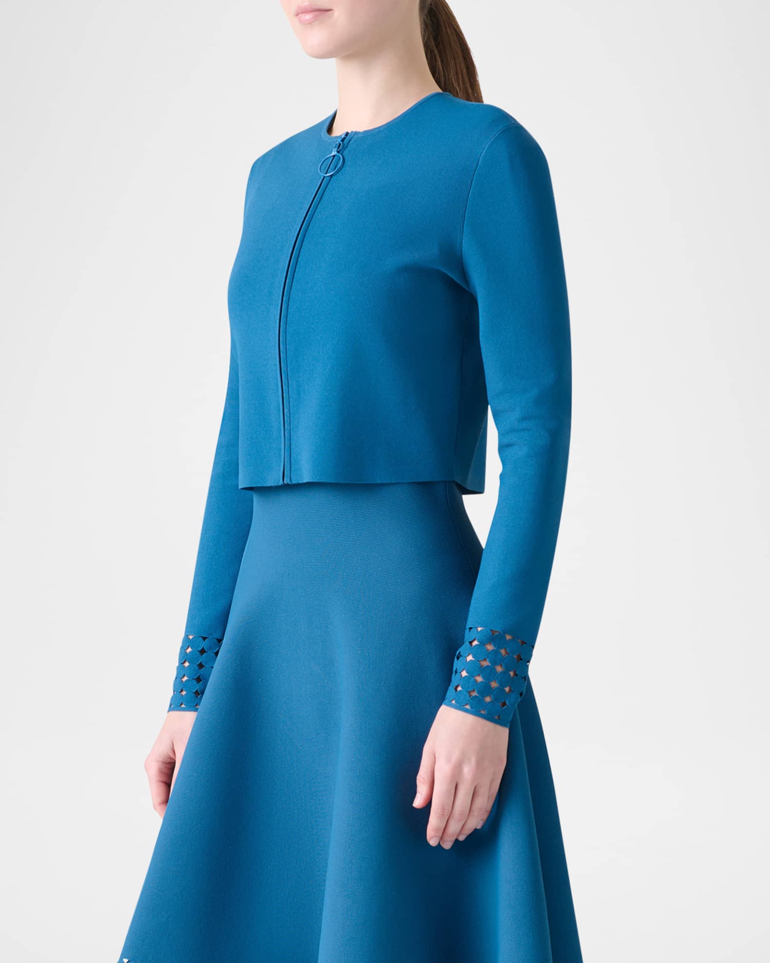 Akris punto Dot Lace-Cuff Knit Crop Zip Cardigan | Neiman Marcus