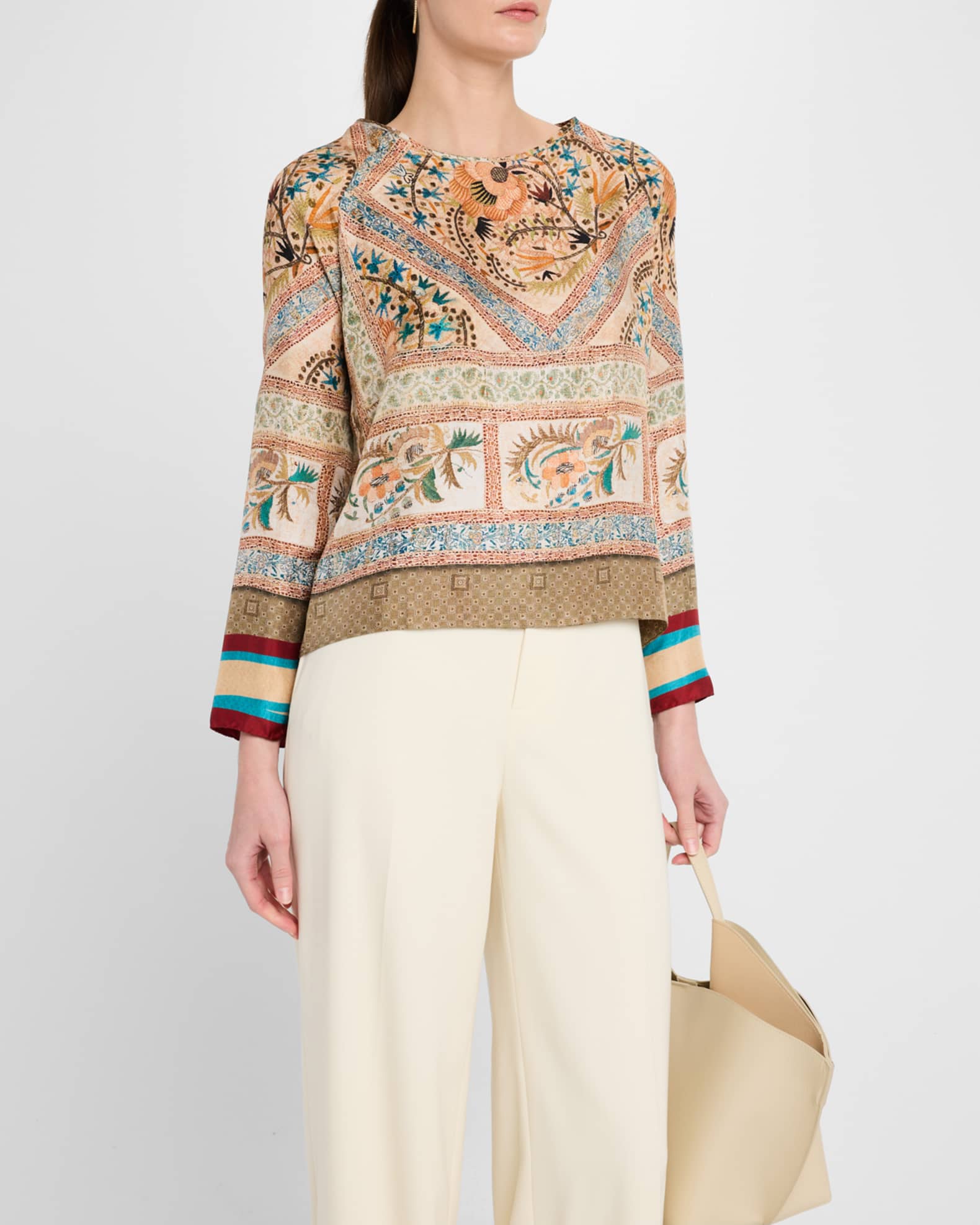 Pierre-Louis Mascia Crewneck Floral-Print Silk Top | Neiman Marcus