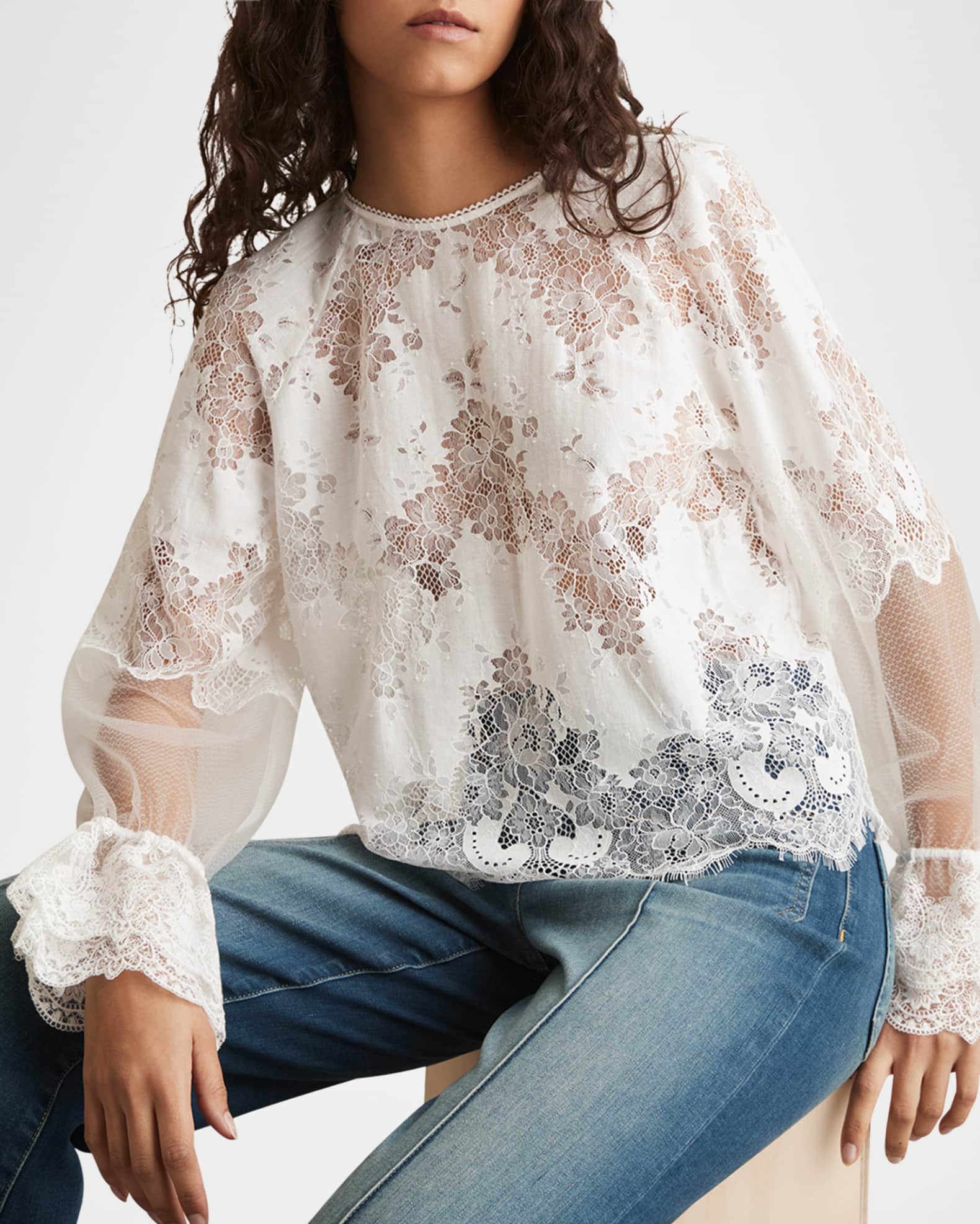 Reiss Emilia Scalloped Floral Lace & Mesh Blouse | Neiman Marcus