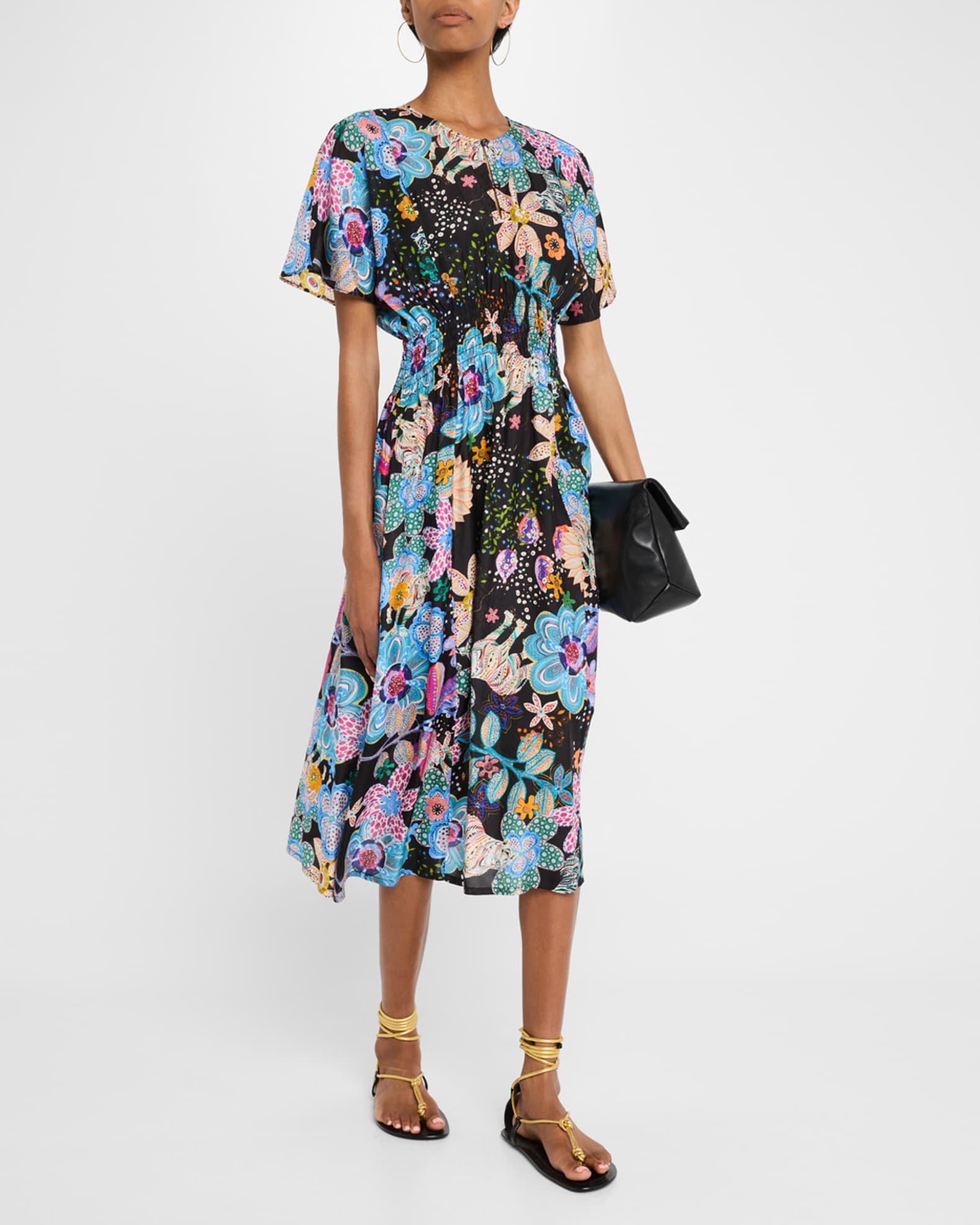 Johnny Was Damaris Floral-Print Silk Midi Dress | Neiman Marcus