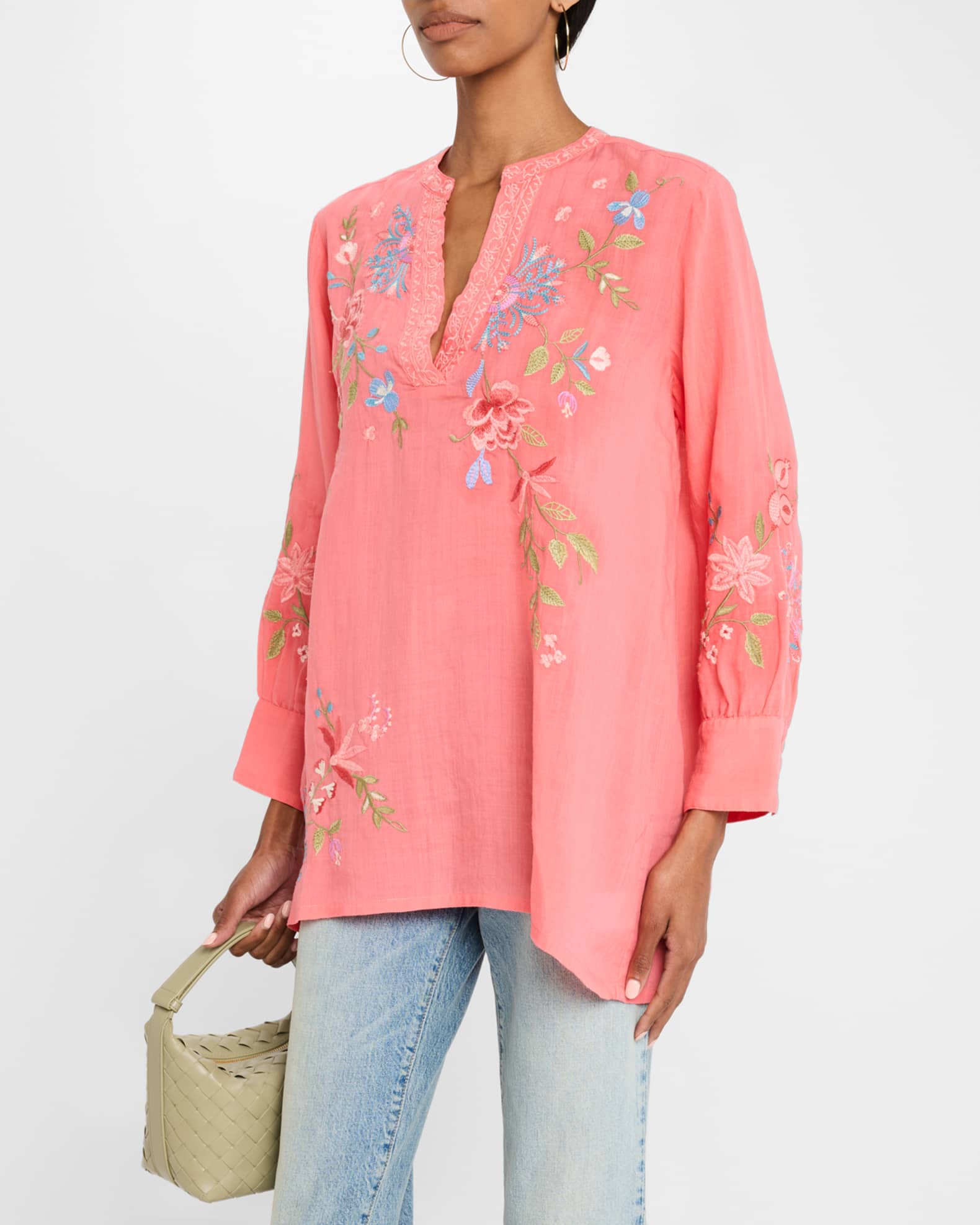 Johnny Was Voyager Floral-Embroidered Henley Tunic | Neiman Marcus