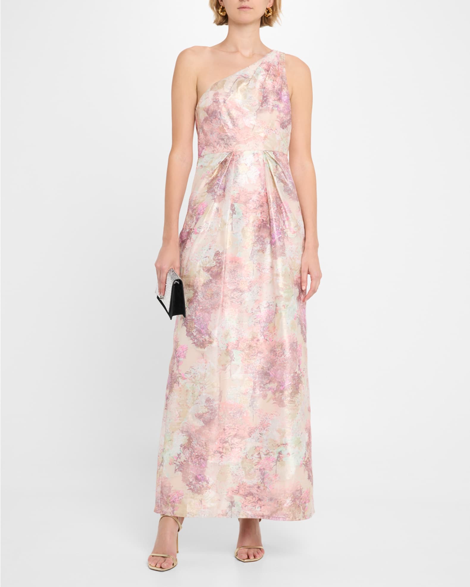 Aidan Mattox Pleated One-Shoulder Metallic Jacquard Gown | Neiman Marcus