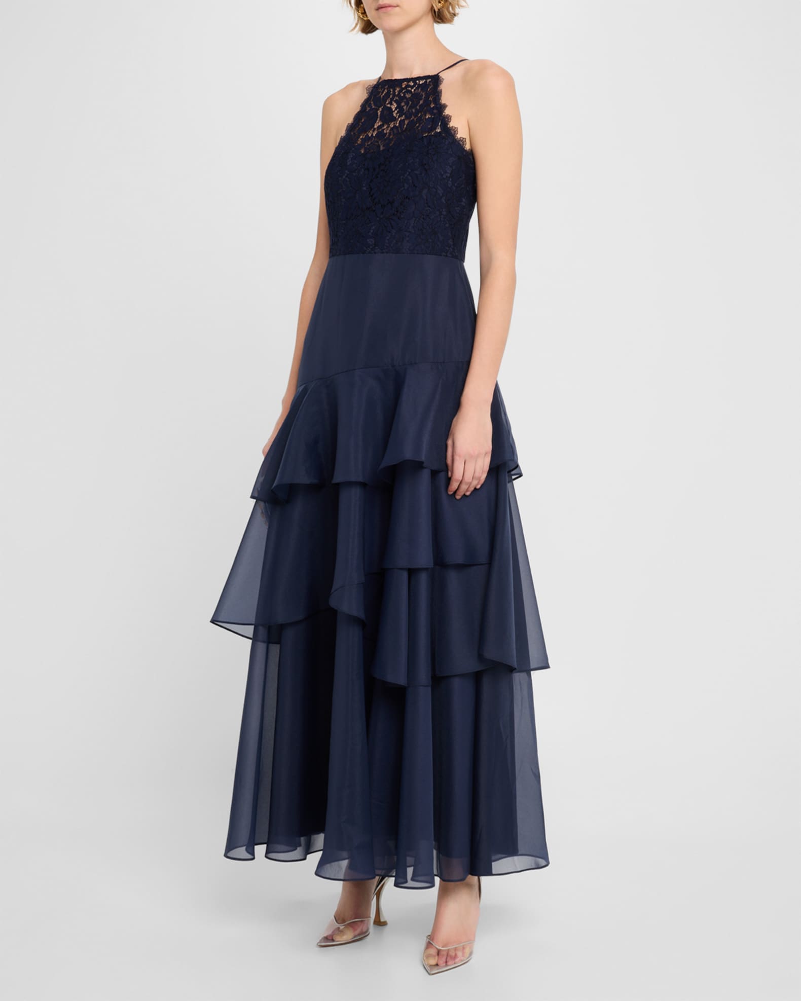 Aidan Mattox Lace & Tiered Organza Halter Gown | Neiman Marcus