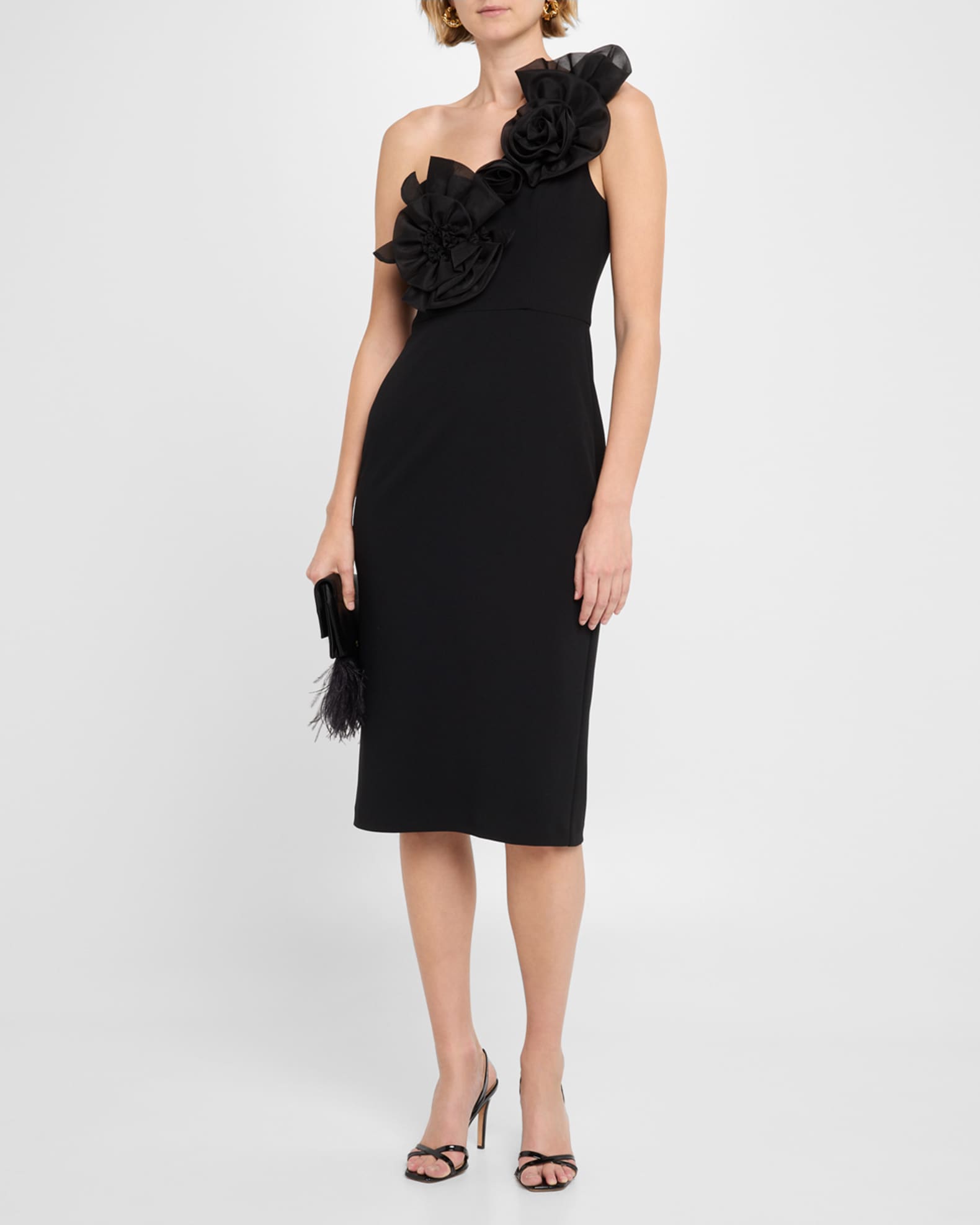 Aidan Mattox One-Shoulder Floral Applique Crepe Midi Dress | Neiman Marcus