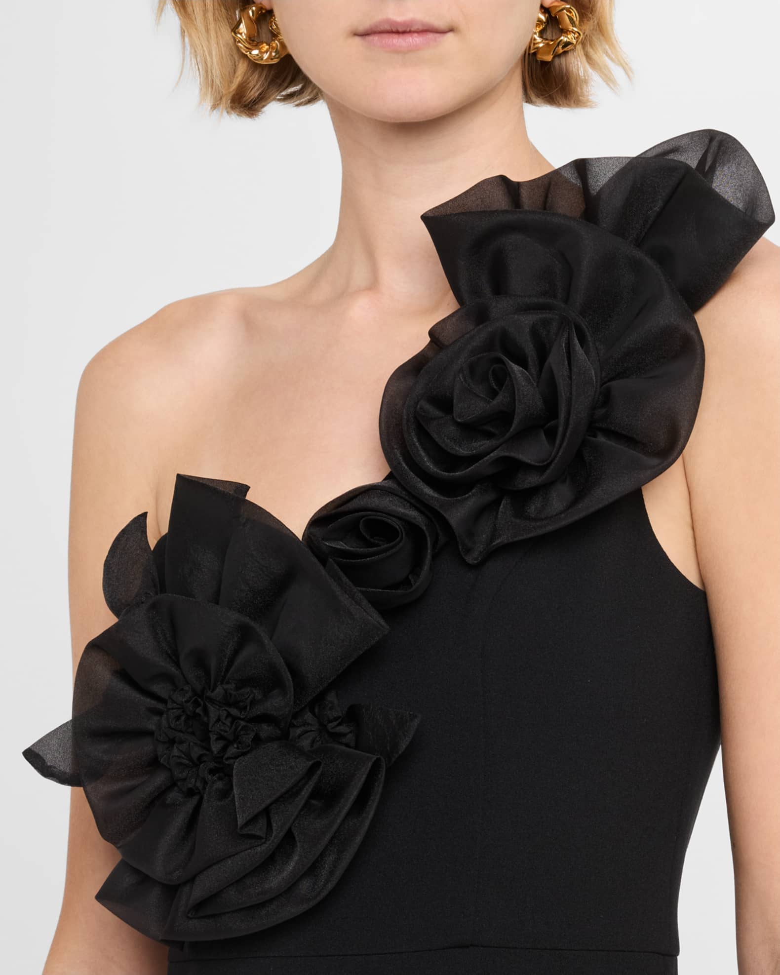 Aidan Mattox One-Shoulder Floral Applique Crepe Midi Dress | Neiman Marcus