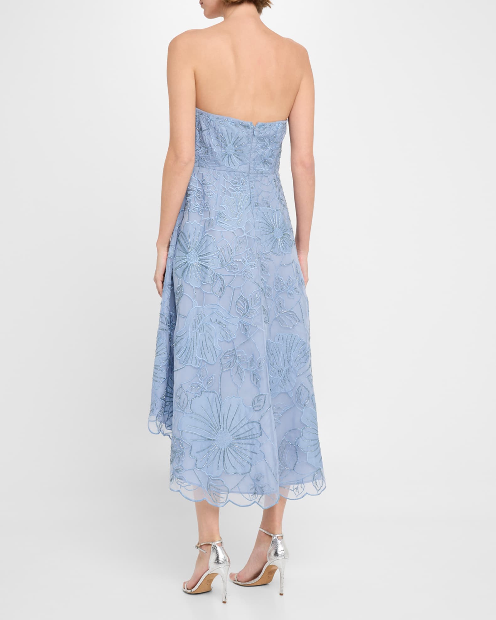 Aidan Mattox Strapless Embroidered High-Low Midi Dress | Neiman Marcus