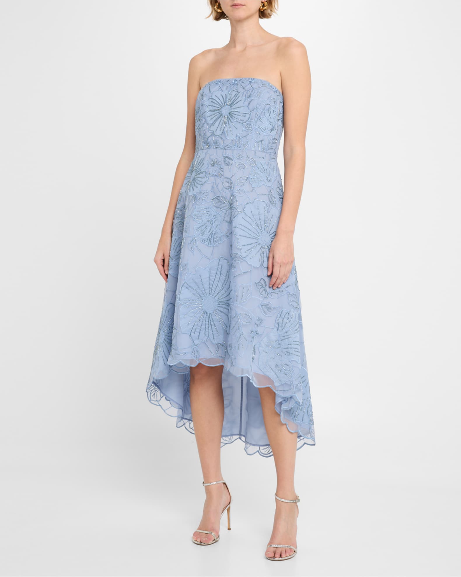 Aidan Mattox Strapless Embroidered High-Low Midi Dress | Neiman Marcus
