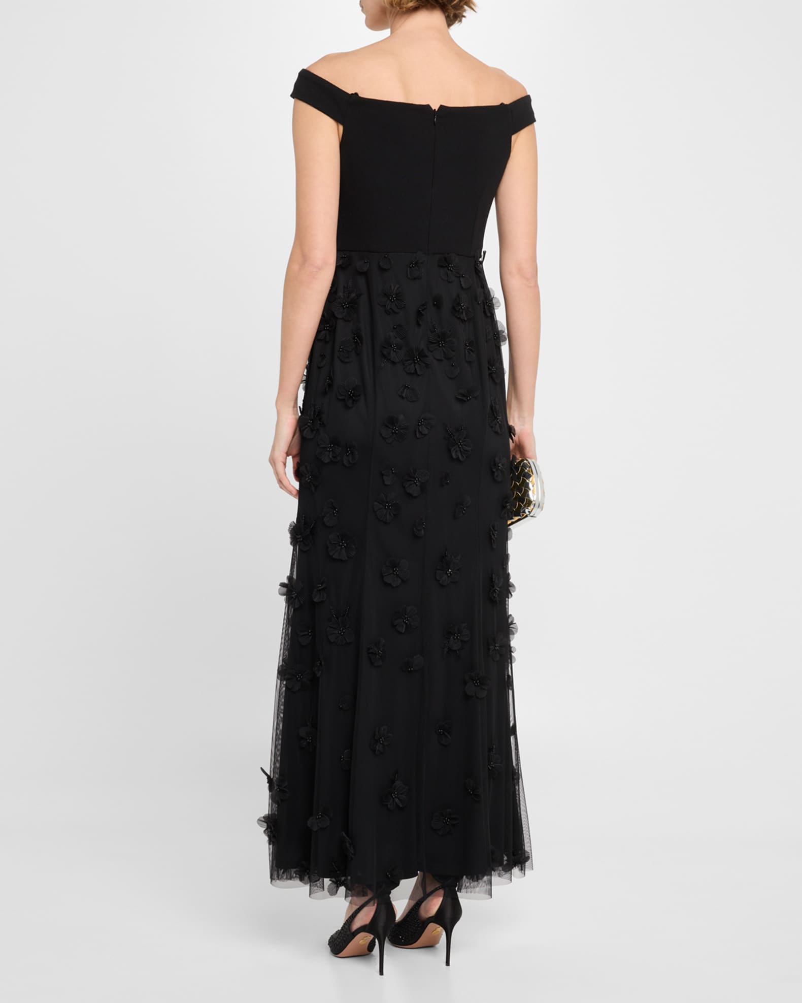 Aidan Mattox Beaded Floral Applique Off-Shoulder Gown | Neiman Marcus