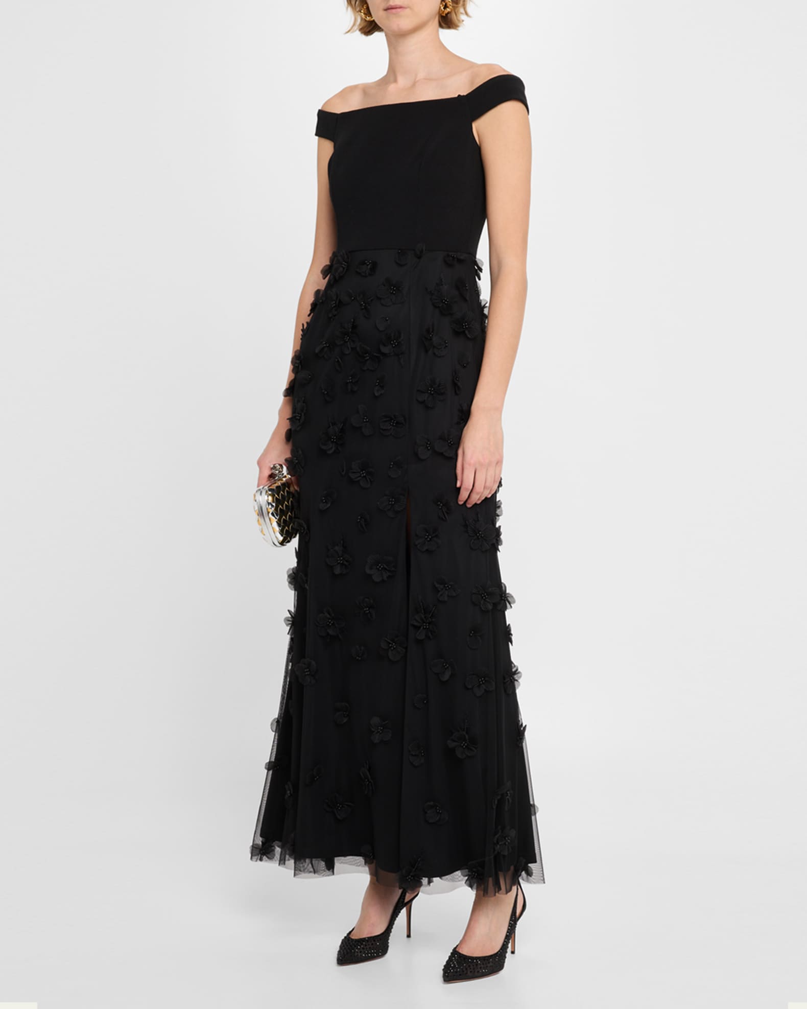 Aidan Mattox Beaded Floral Applique Off-Shoulder Gown | Neiman Marcus