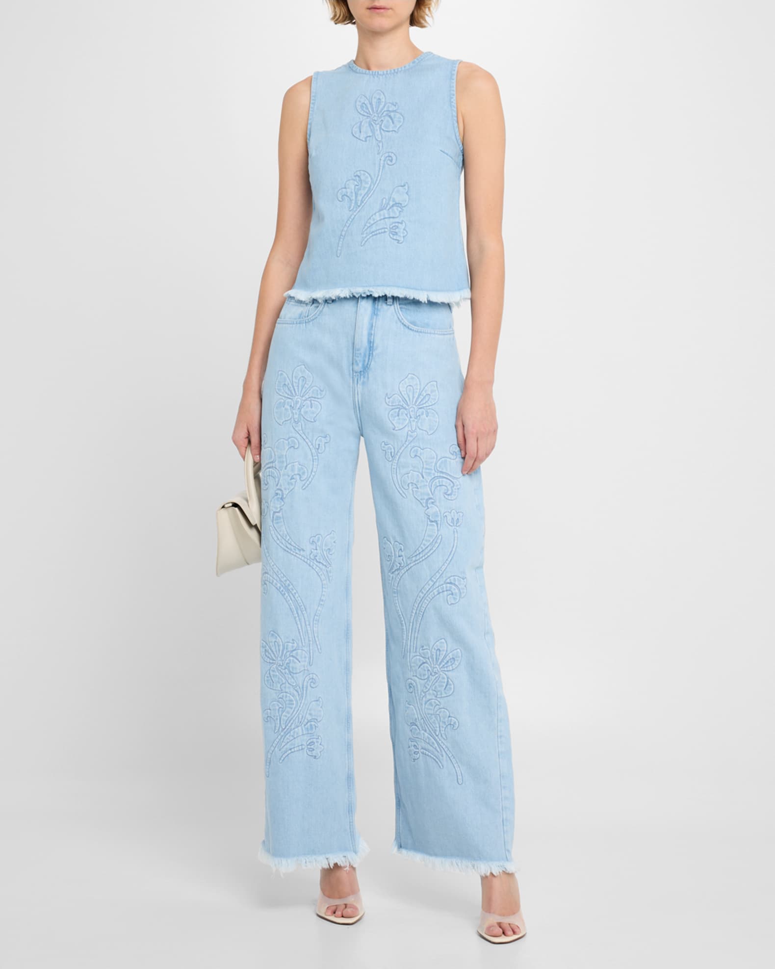 Marques'Almeida Floral-Embroidered Denim Top | Neiman Marcus