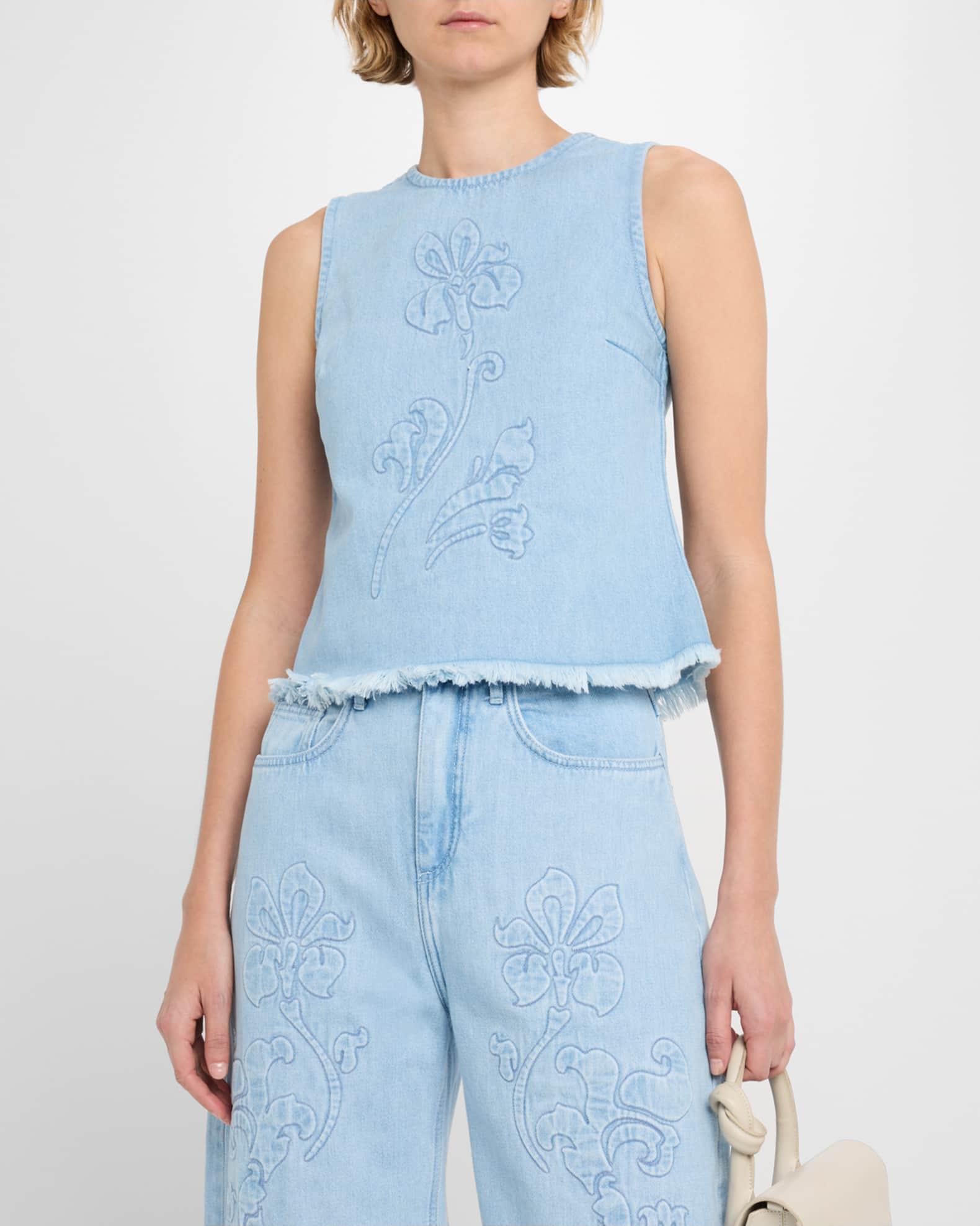 Marques'Almeida Floral-Embroidered Denim Top | Neiman Marcus