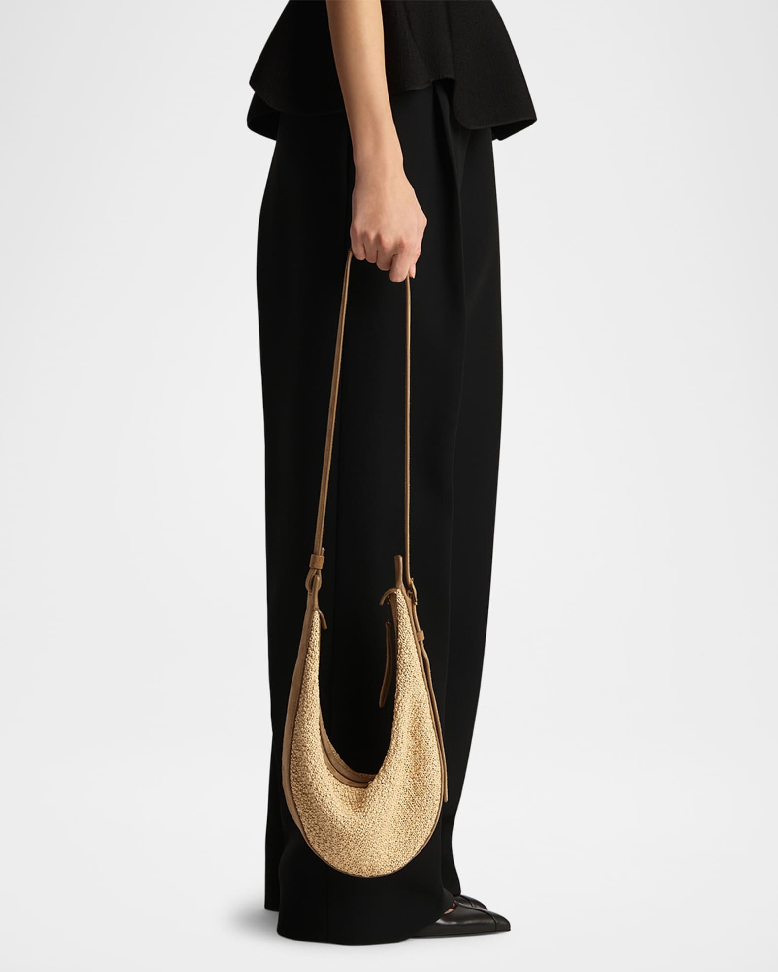 Khaite Augustina Small Raffia & Suede Crossbody Bag | Neiman Marcus