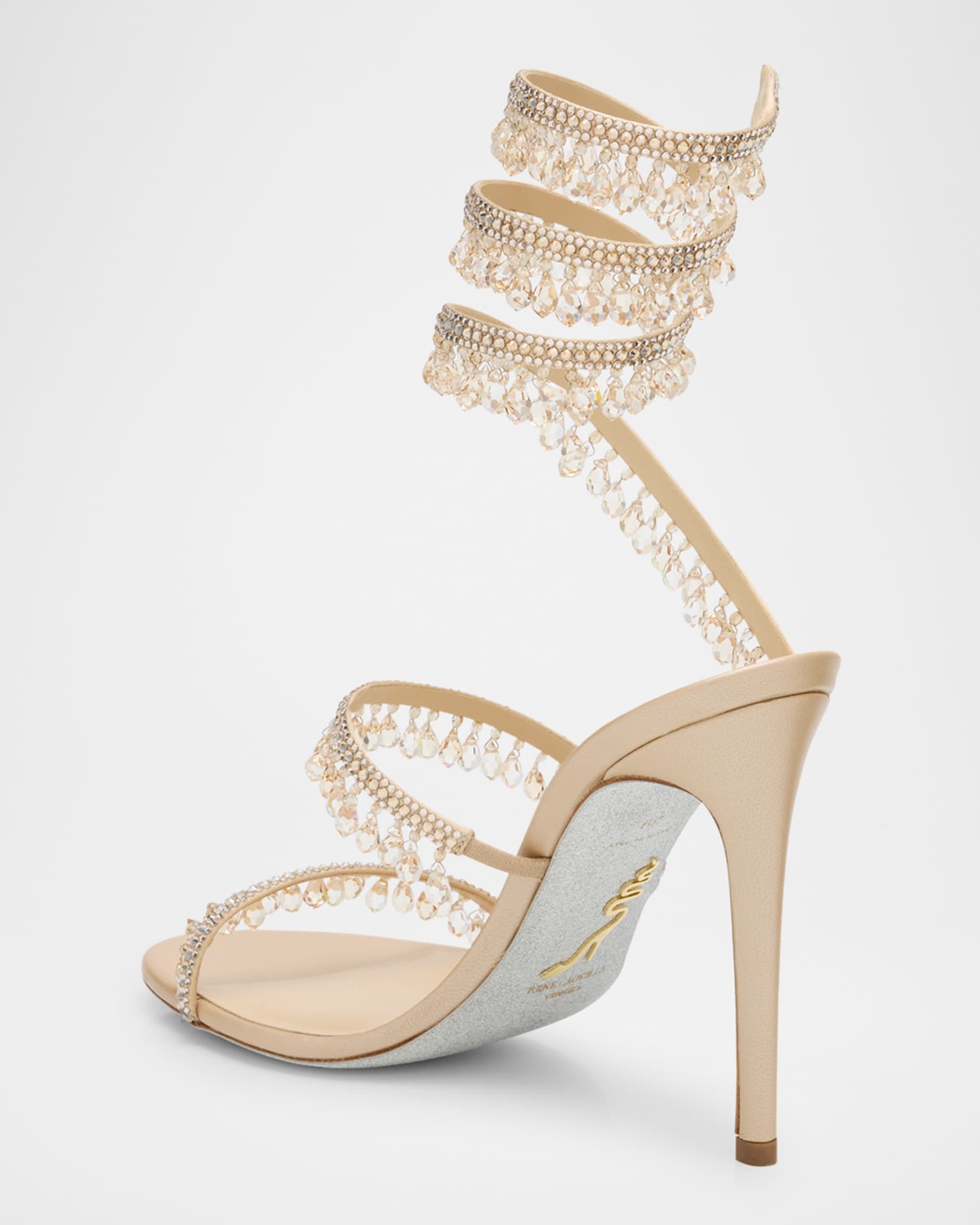 Rene Caovilla Satin Strass Chandelier Snake Wrap Sandals | Neiman Marcus