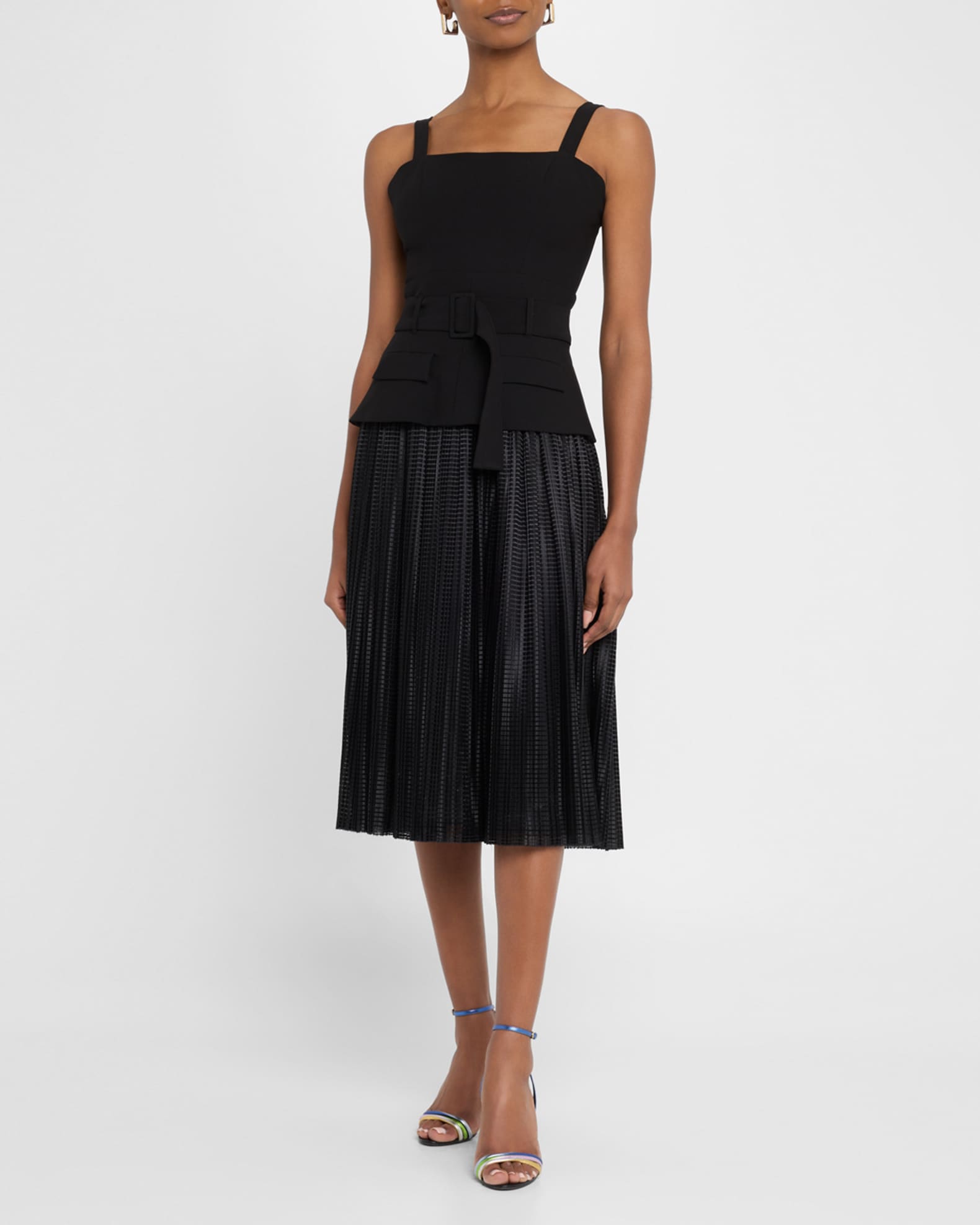 Black Halo Noemia Belted Square-Neck Midi Dress | Neiman Marcus