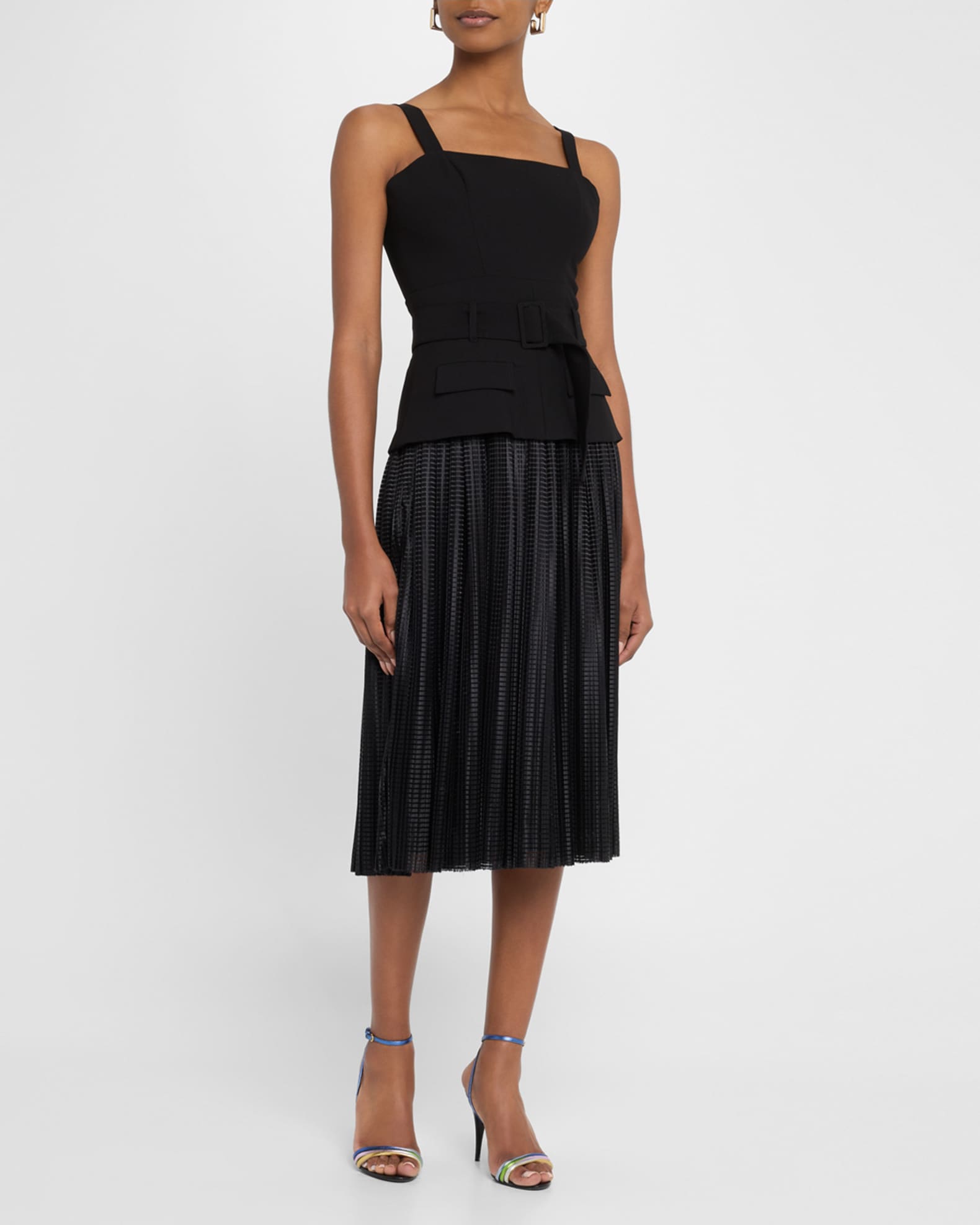 Black Halo Noemia Belted Square-Neck Midi Dress | Neiman Marcus