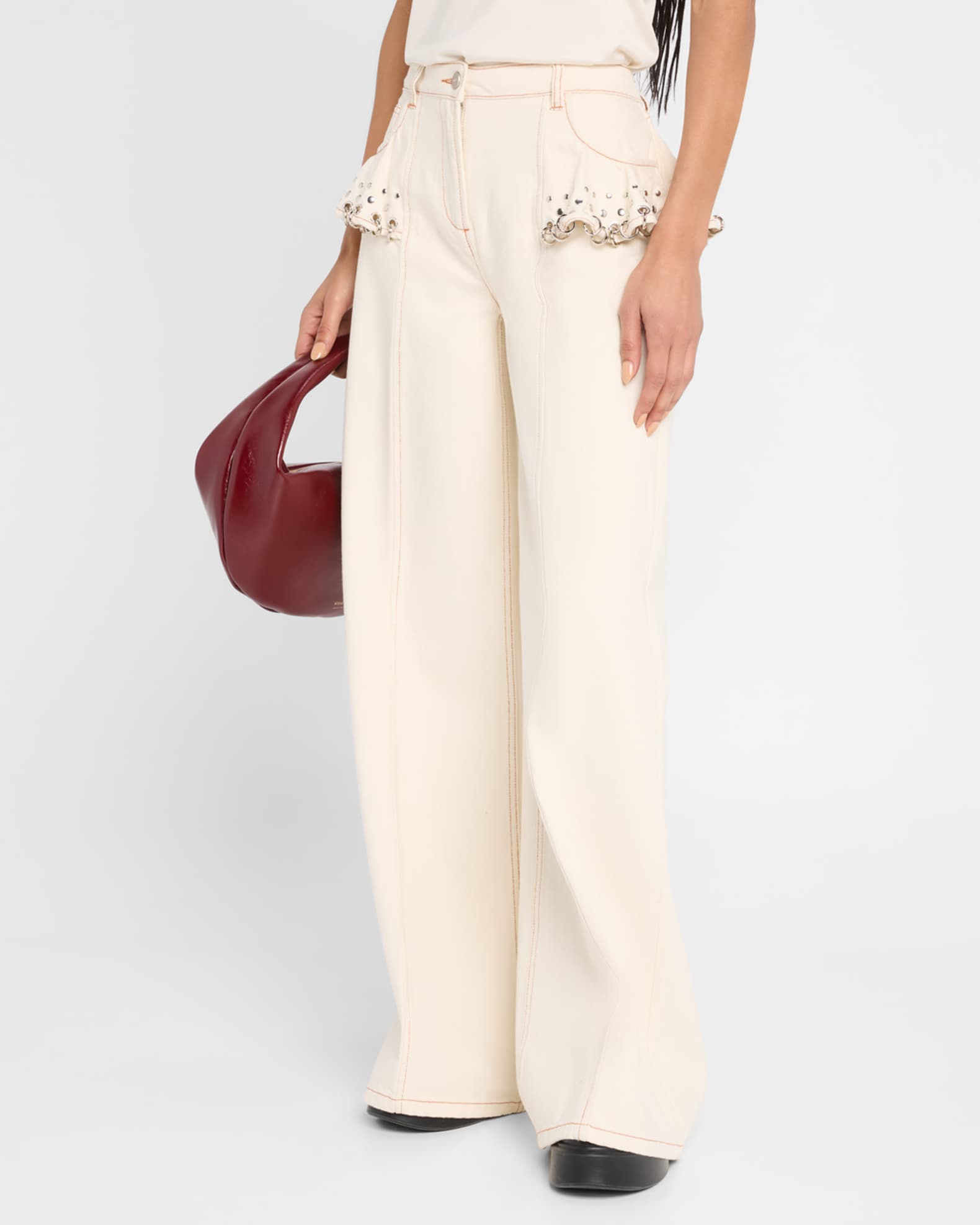 AKNVAS Avery Ruffled Jeans with Rings | Neiman Marcus
