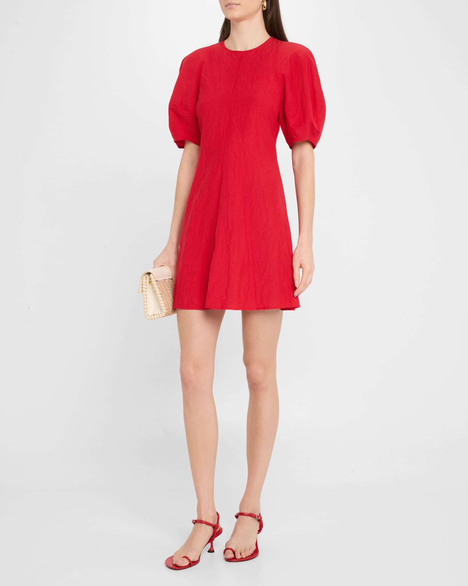 Apiece Apart Bettina Topstitched Puff-Sleeve Mini Dress | Neiman Marcus