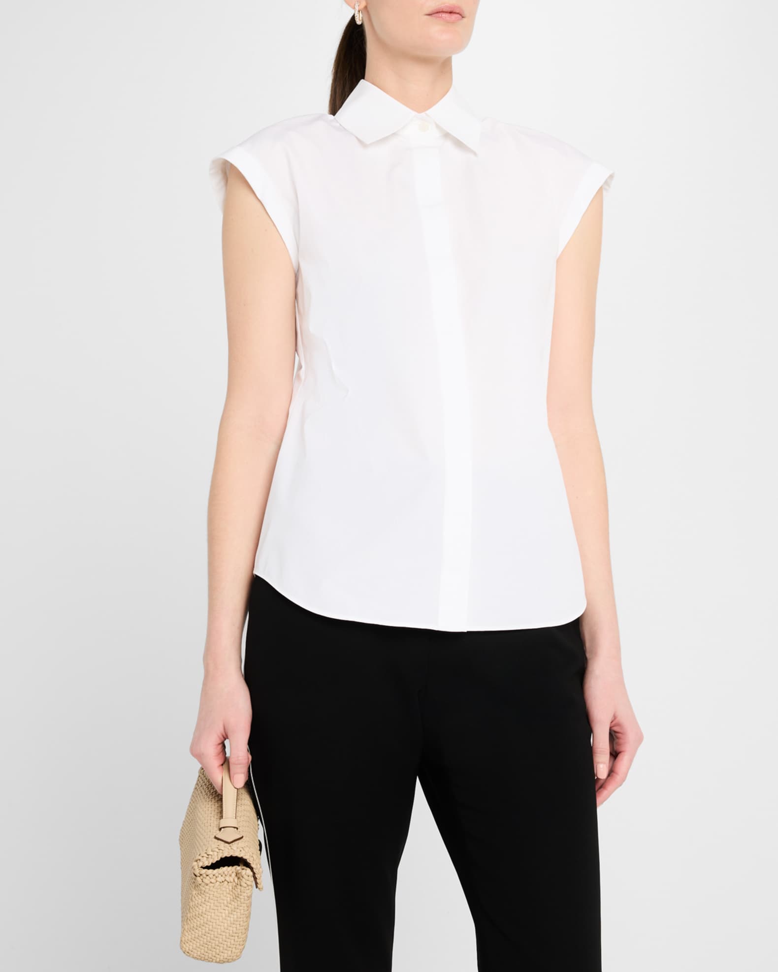 Lafayette 148 New York Fitted Cap-Sleeve Cotton Shirt | Neiman Marcus