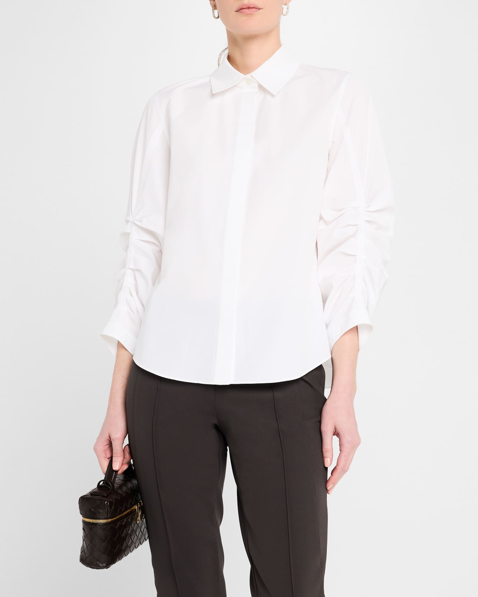 Lafayette 148 New York Pleated-Sleeve Cotton Shirt | Neiman Marcus