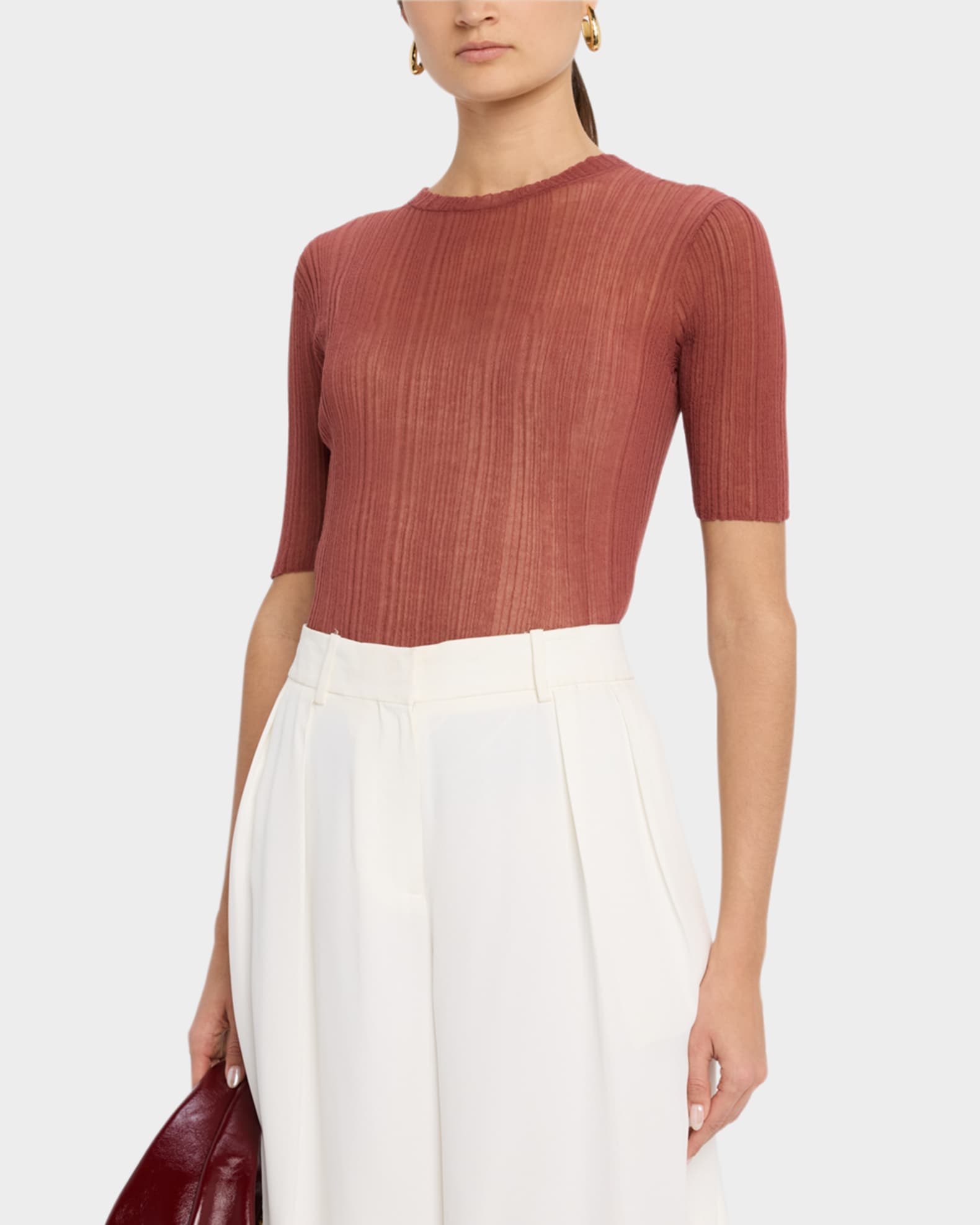 Vince Double-Layered Ribbed Elbow-Sleeve Top | Neiman Marcus