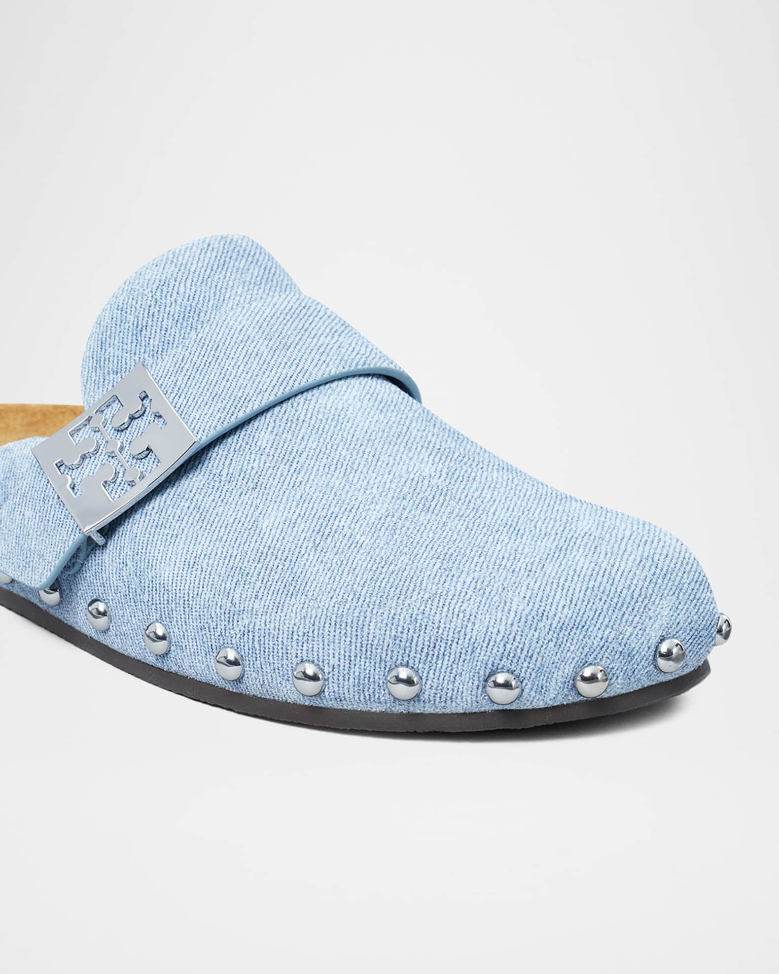Tory Burch Mellow Denim Studded Mules | Neiman Marcus