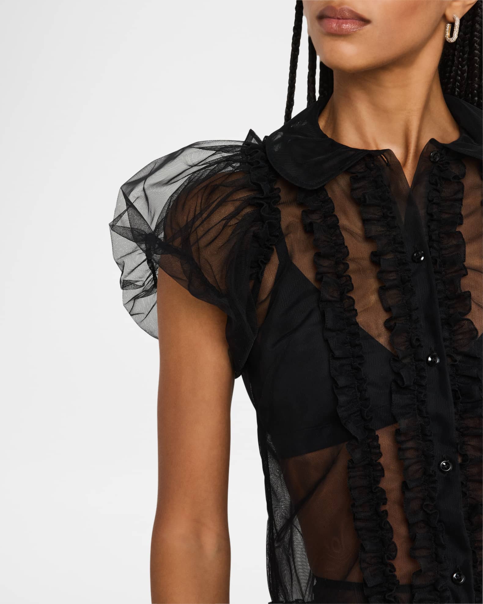 Simone Rocha Sheer Puff-Sleeve Ruffle Shirt | Neiman Marcus