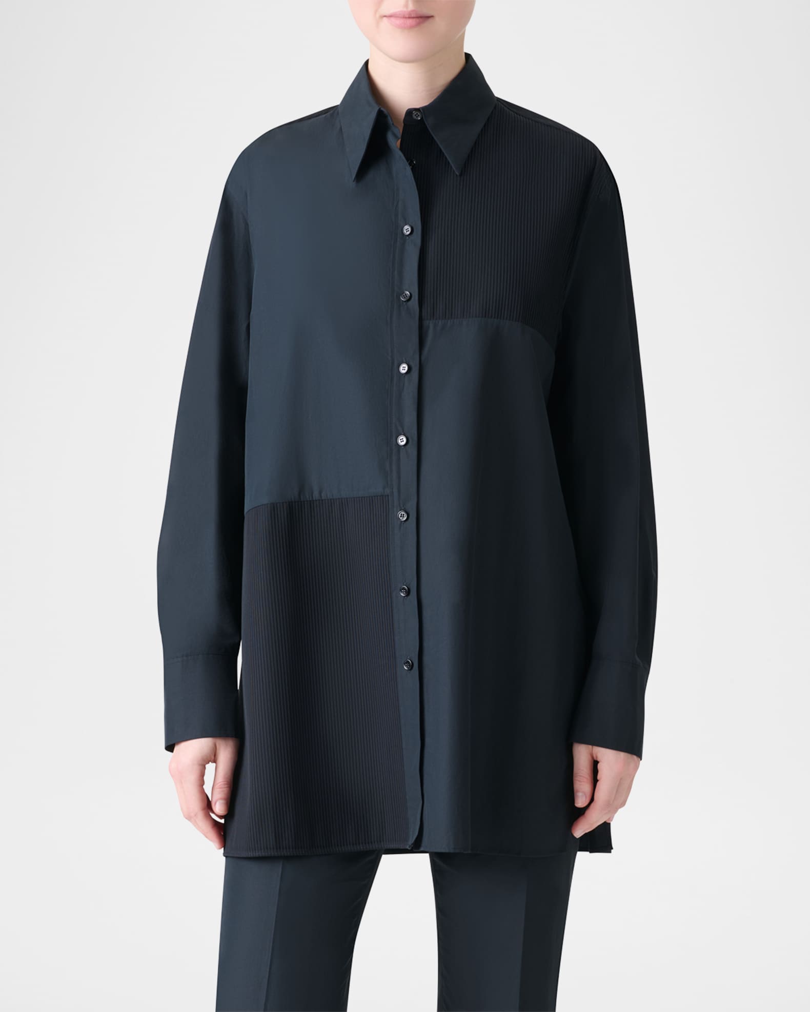 Akris Stitched Pleats Inset Cotton Poplin Oversized Shirt | Neiman Marcus