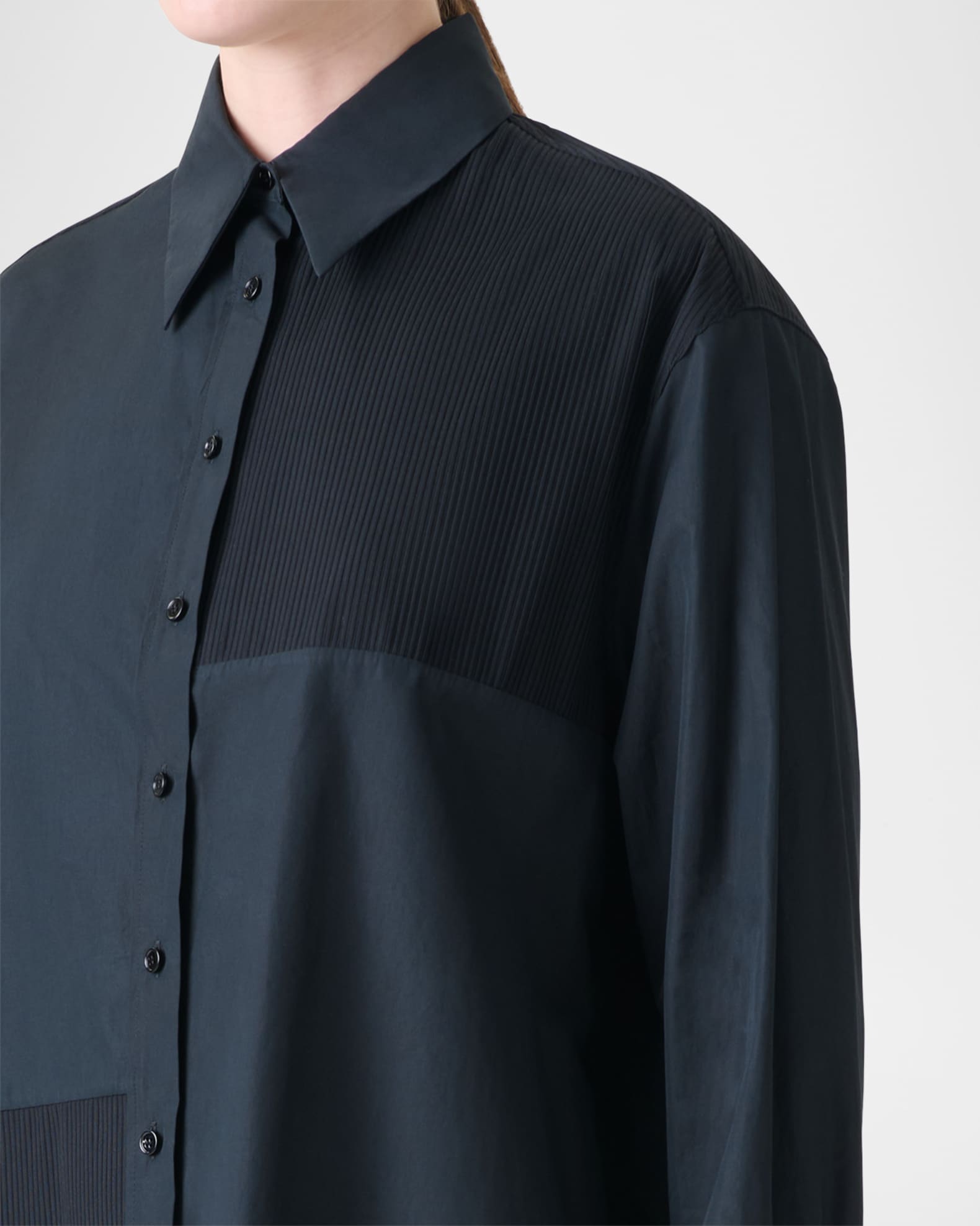Akris Stitched Pleats Inset Cotton Poplin Oversized Shirt | Neiman Marcus