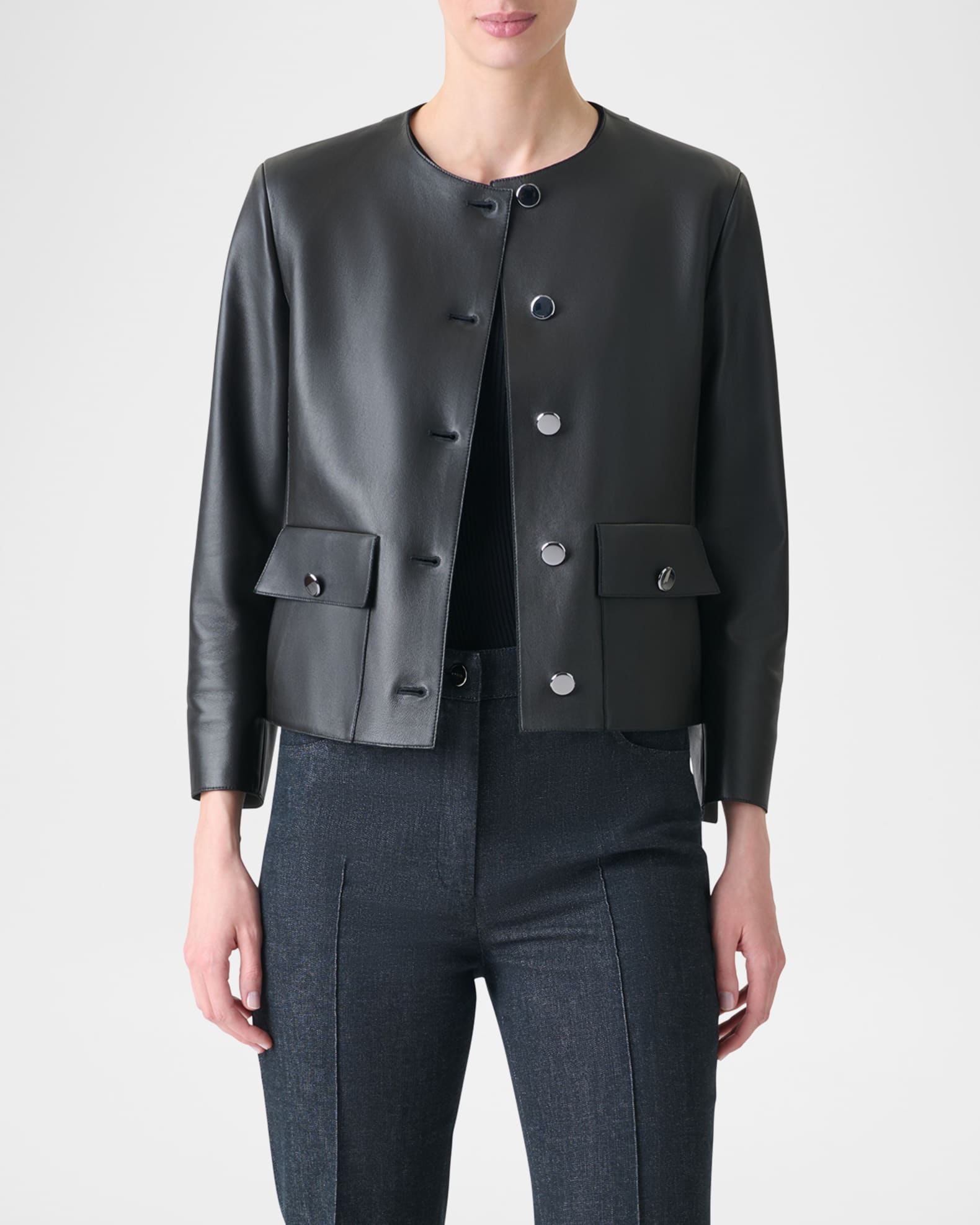 Akris Lamb Nappa Leather Collarless Jacke† | Neiman Marcus