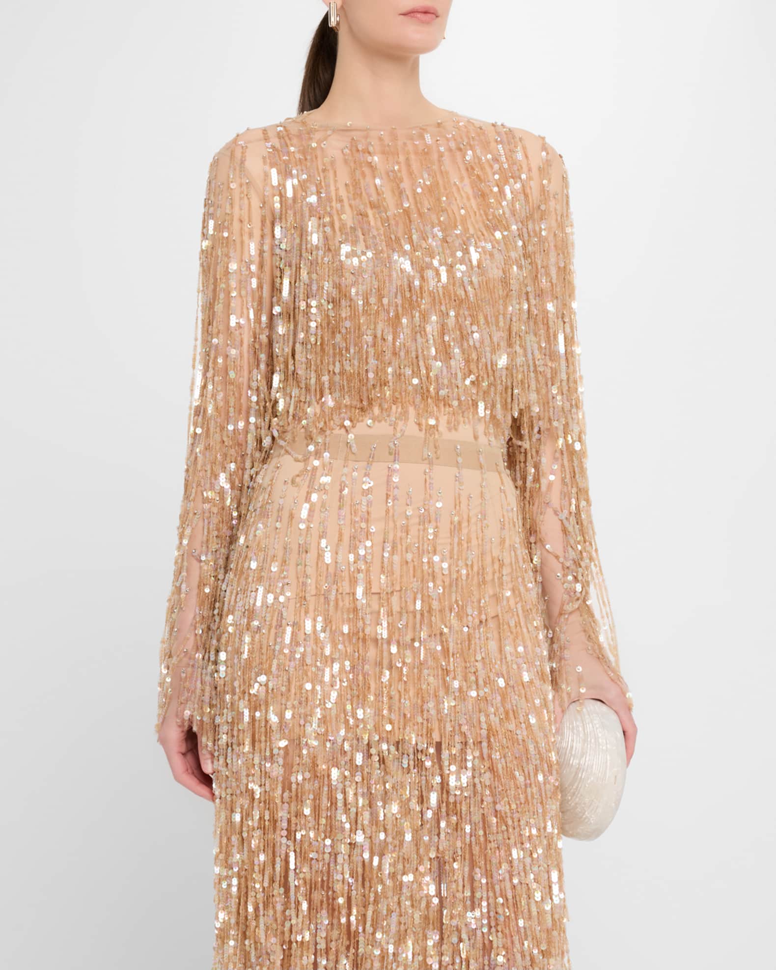 LAPOINTE Fringe Sequined Cropped Top | Neiman Marcus