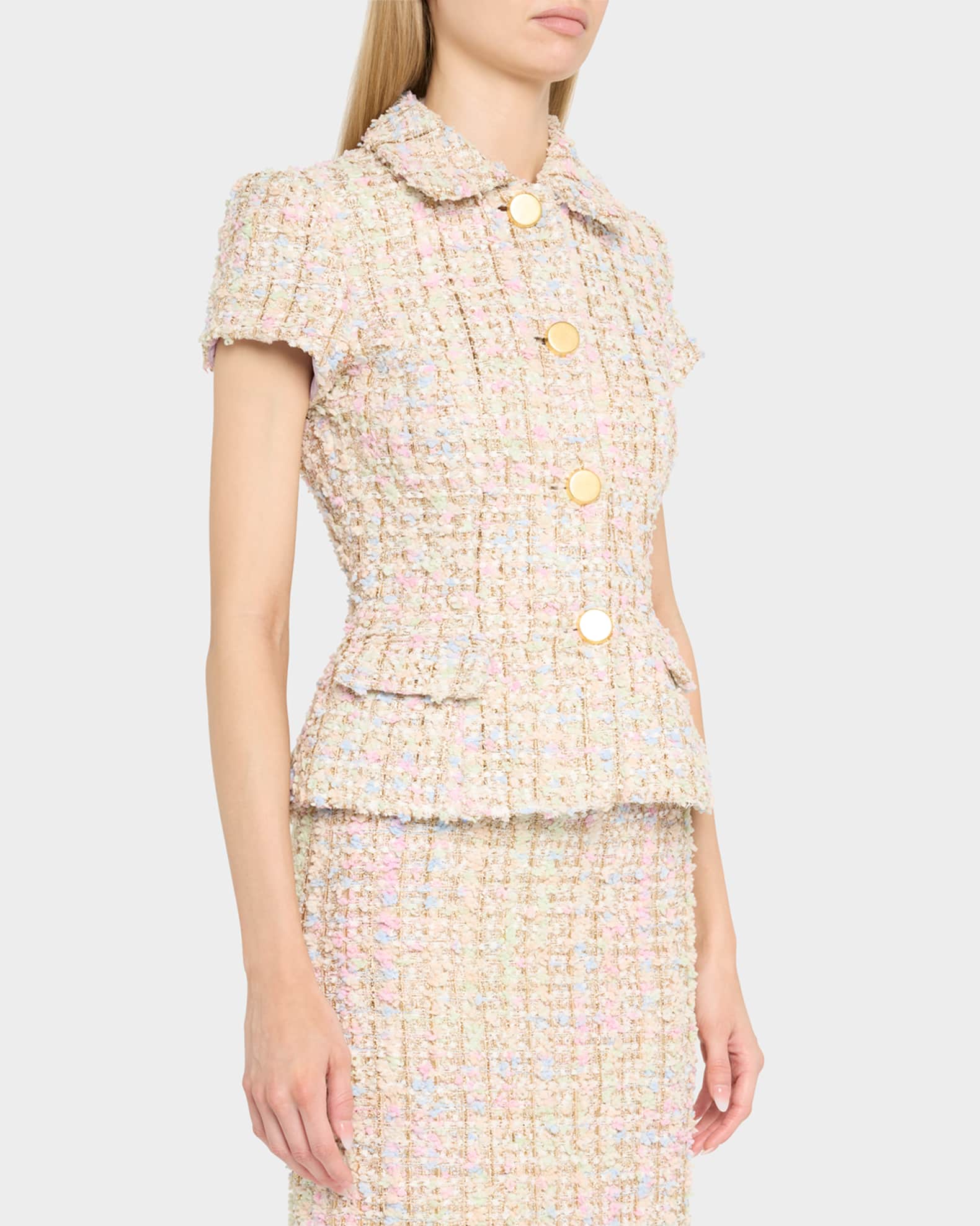 Sergio Hudson Short-Sleeve Tweed Metallic Jacket | Neiman Marcus
