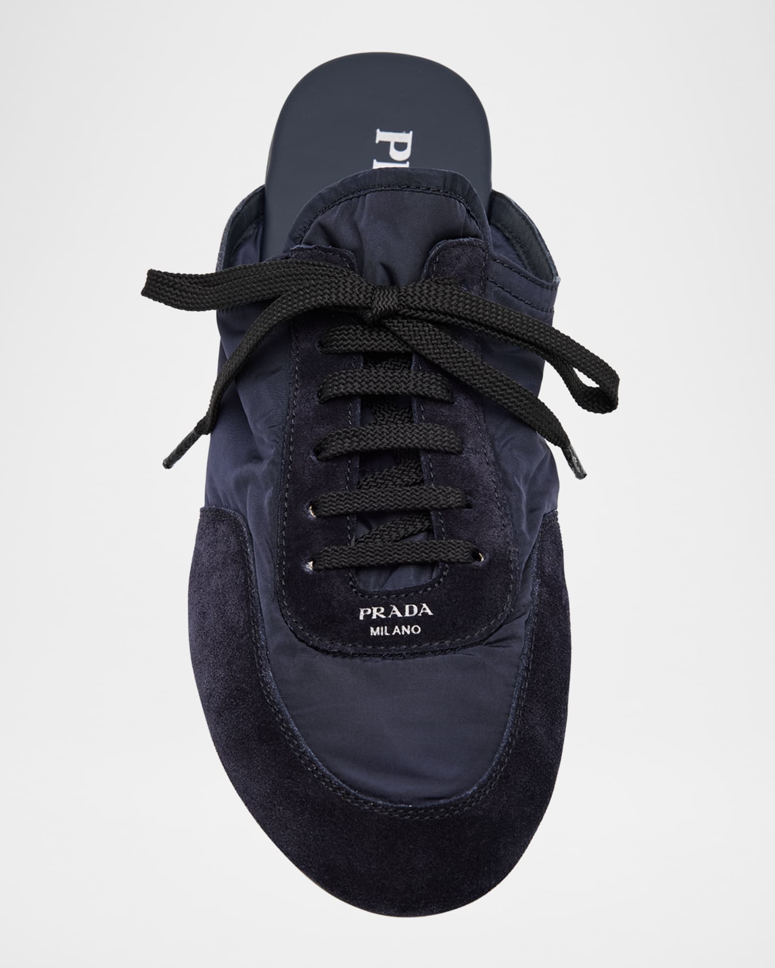 Prada Collapse Nylon and Suede Open-Back Sneakers | Neiman Marcus