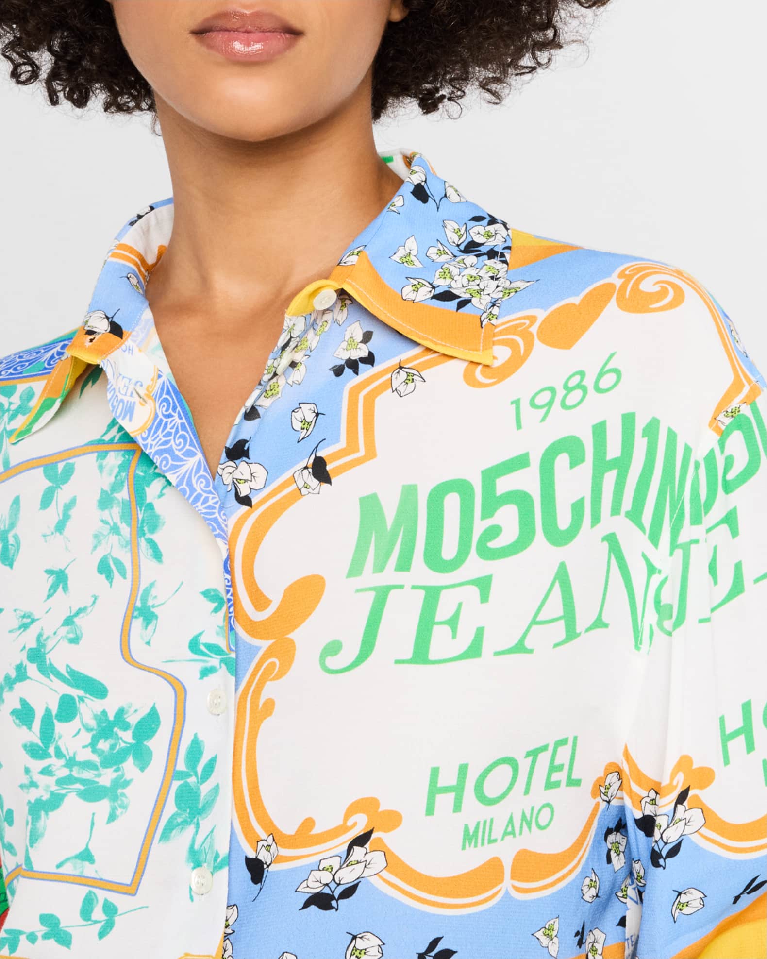 Moschino Jeans Cropped Long-Sleeve Scarf-Print Blouse | Neiman Marcus